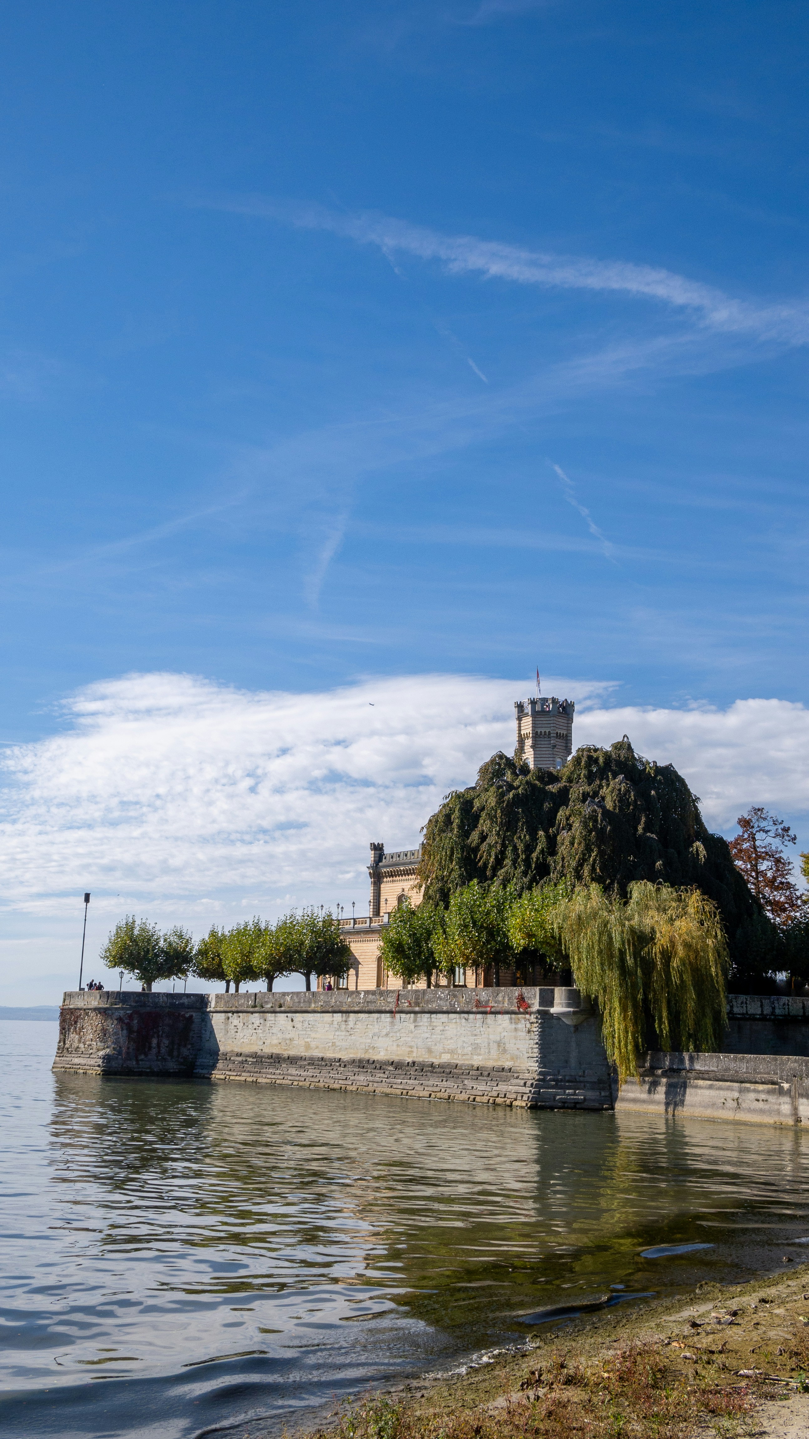 Waterside Bastion: A Willow-Clad Isle Crowned by a Stone Fortress