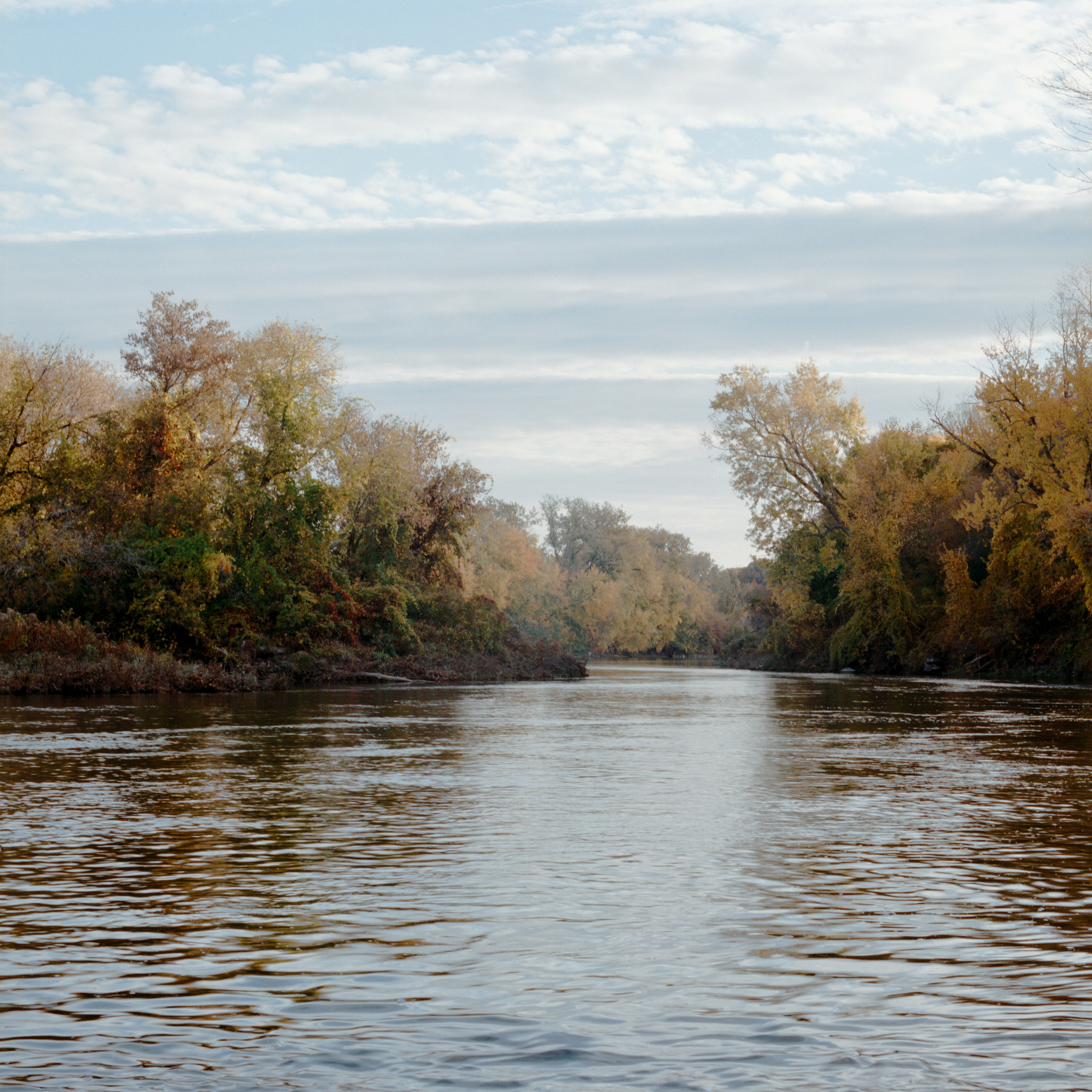 Calm river meandering through autumn foliage, reflecting the soft light of an overcast sky.