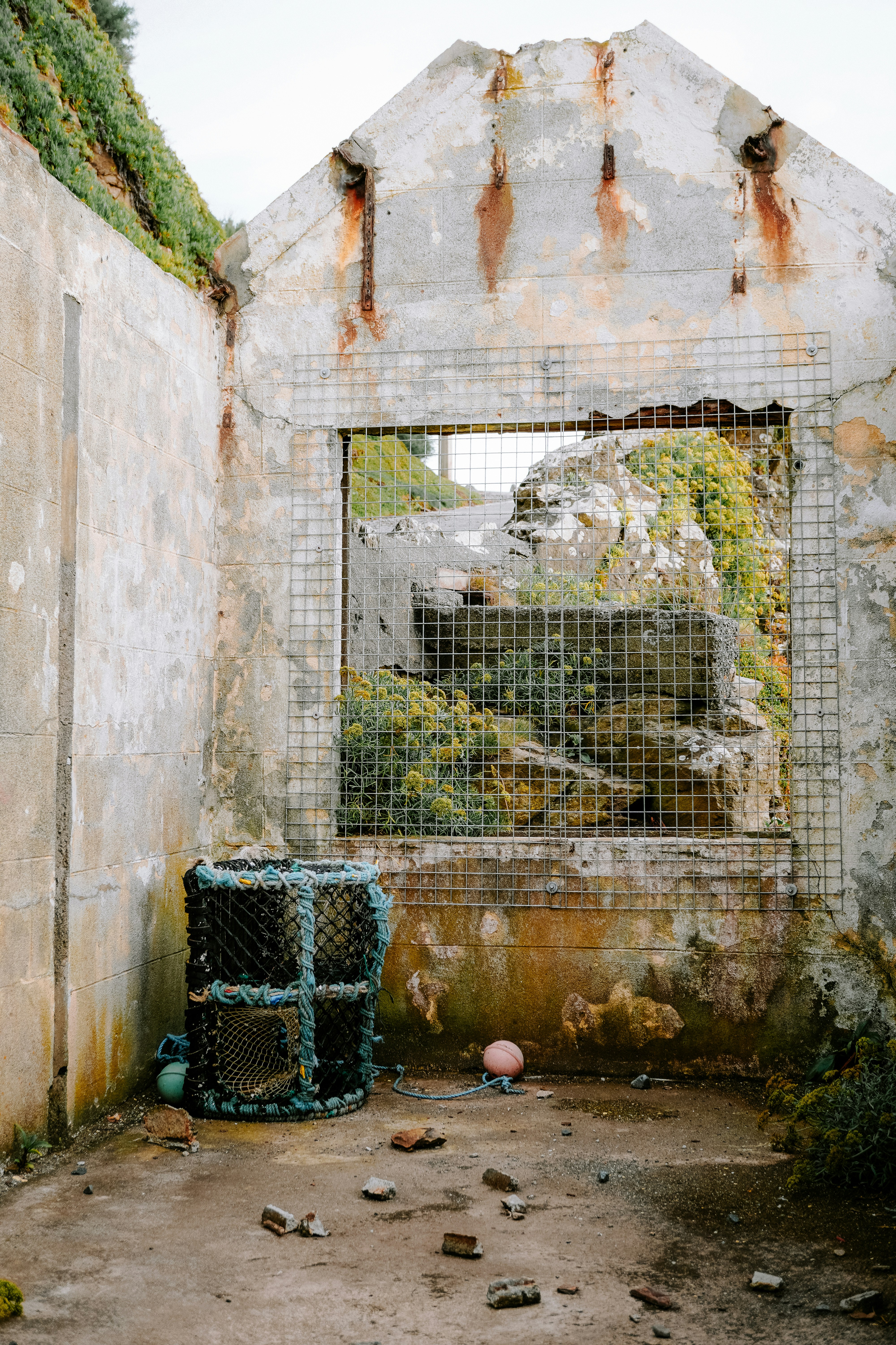Ruined Gatehouse Shelter Overgrown with Moss and Rust