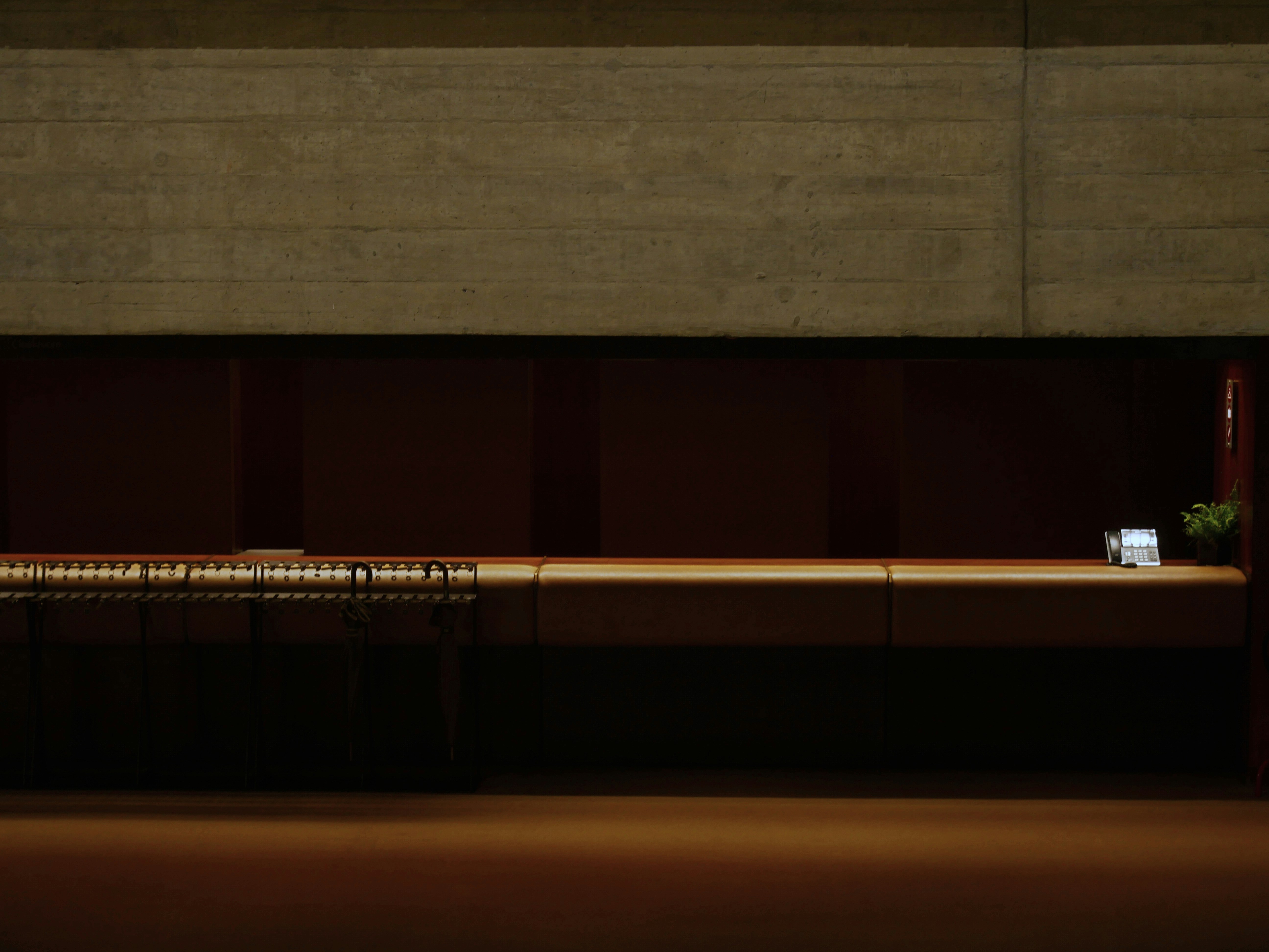 A sleek, minimalist bar area featuring a wooden counter and a small plant, illuminated softly against a concrete backdrop.