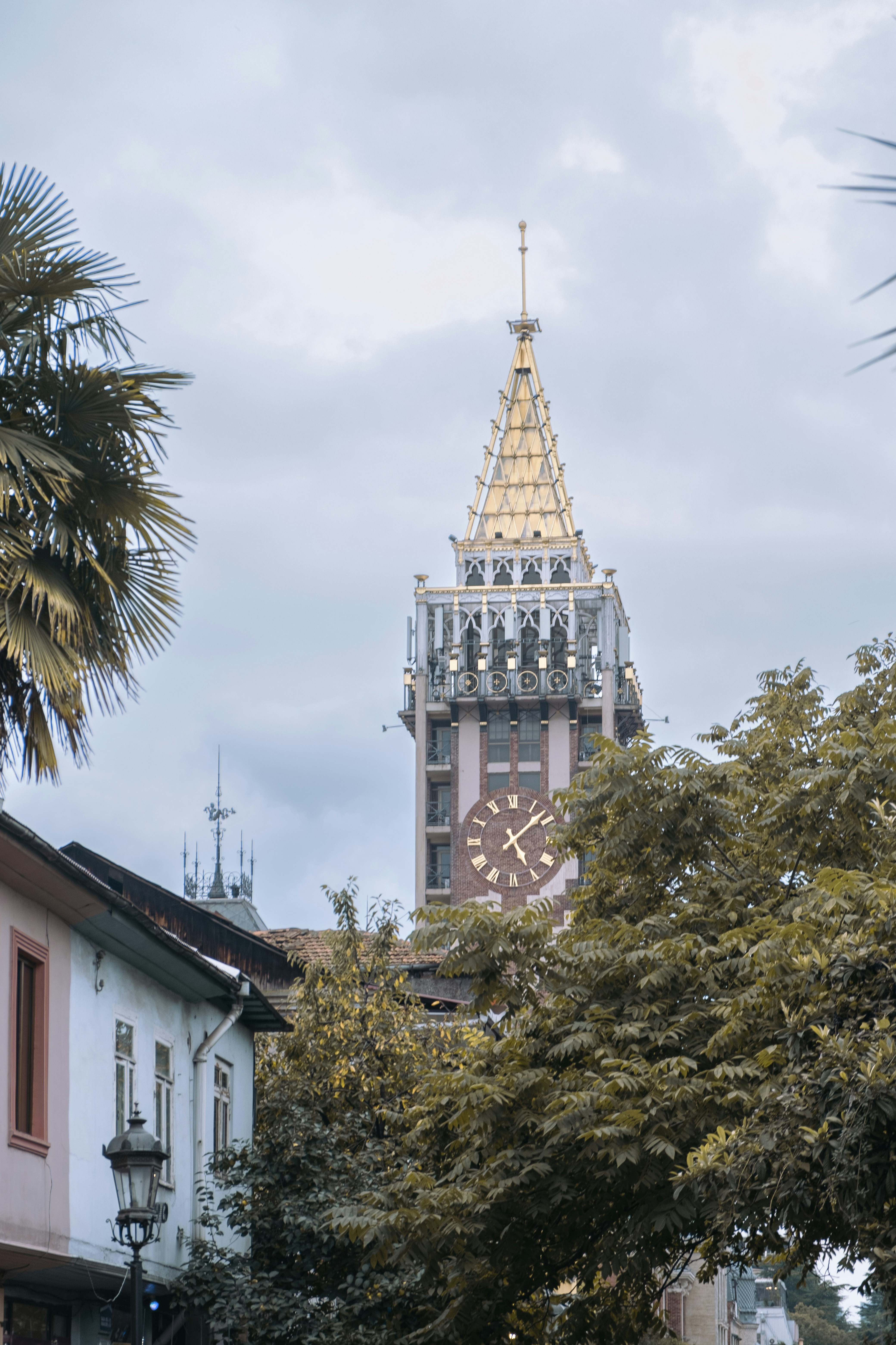Clock Tower Crowned by Overcast Sky, Framed by Palm Fronds