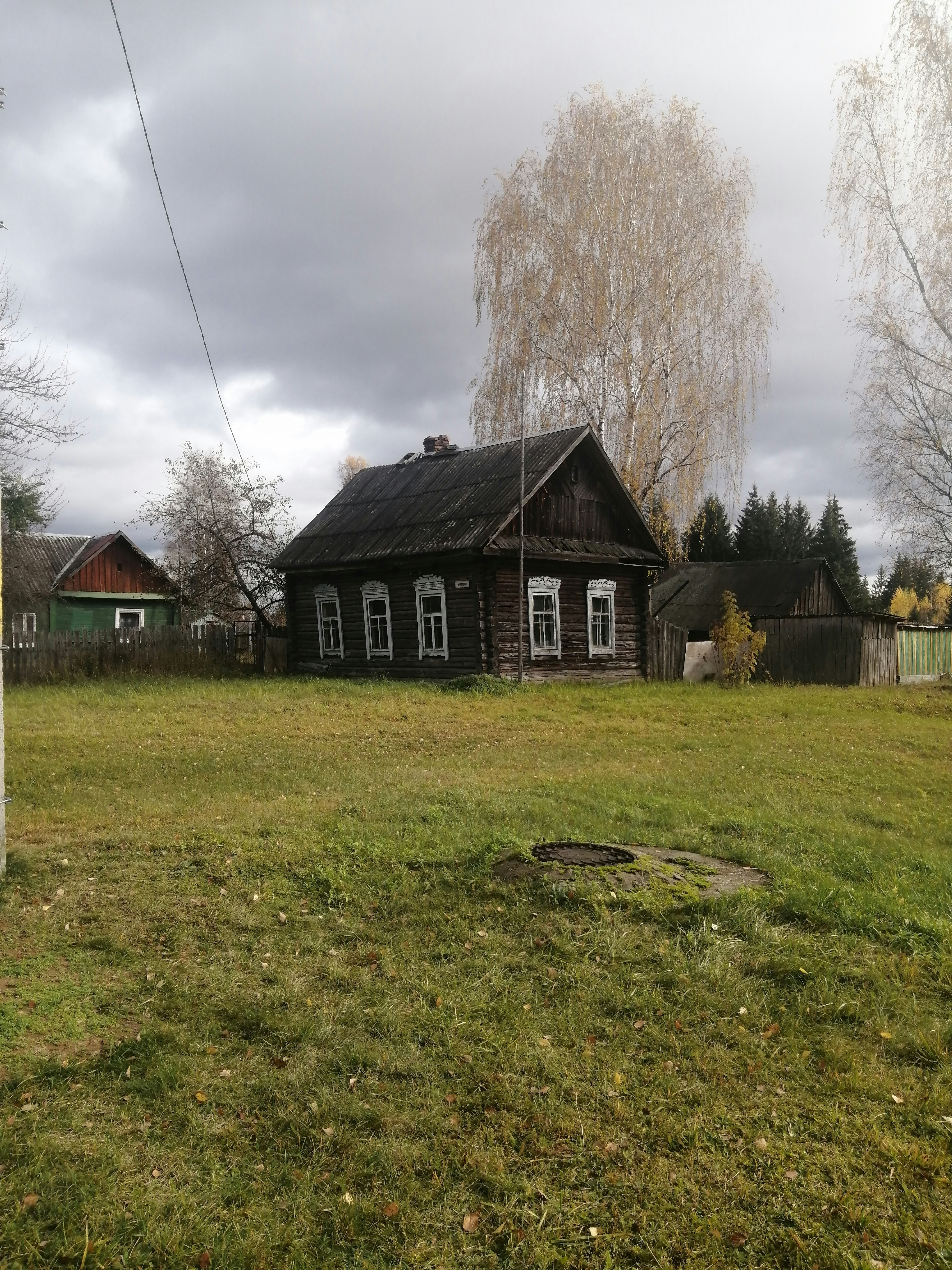 A weathered wooden house stands in a grassy field, surrounded by trees and a cloudy sky, evoking a sense of tranquility and nostalgia.