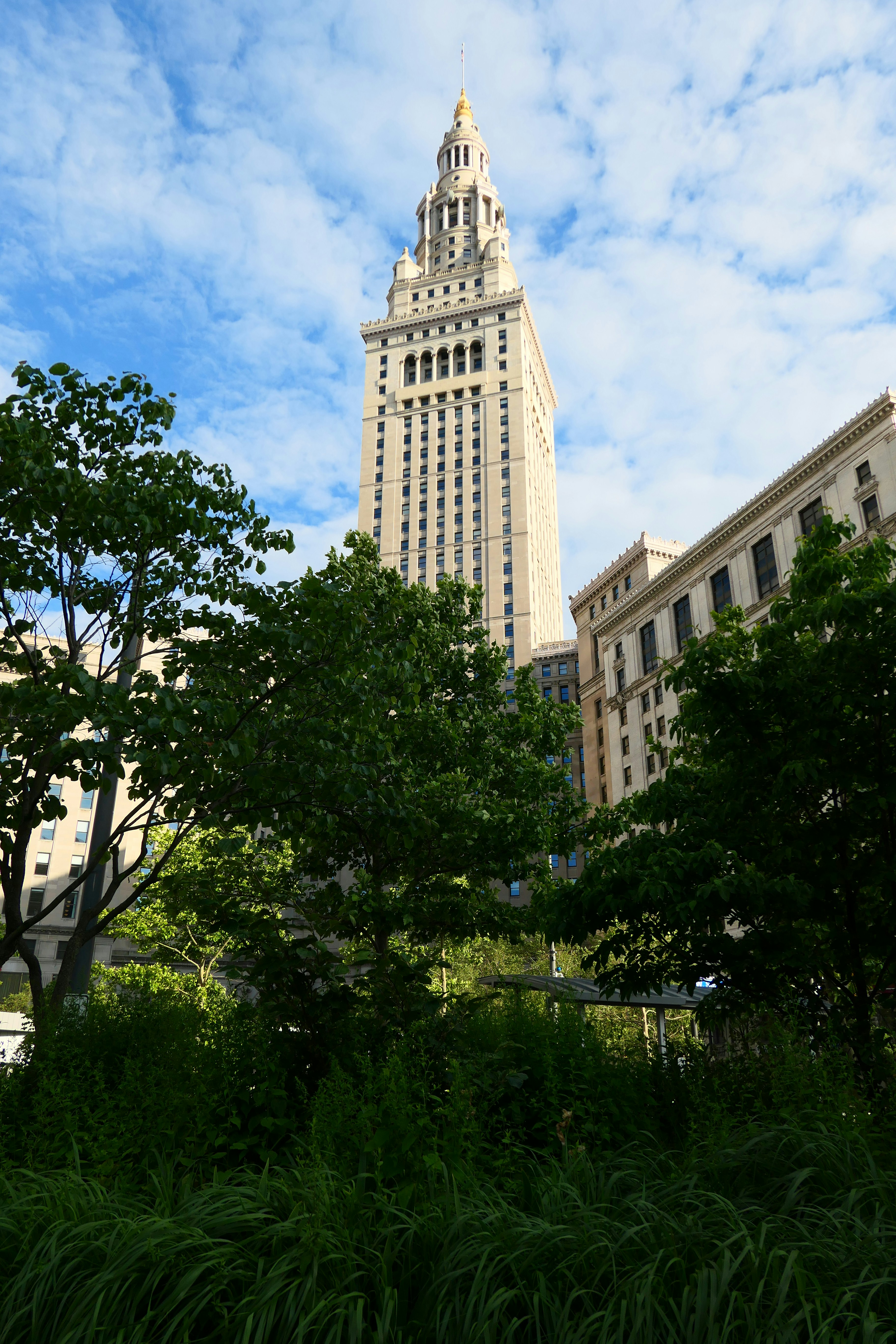 Historic skyscraper framed by lush greenery, showcasing the blend of nature and urban life. A glimpse of the city skyline peeks through the foliage.
