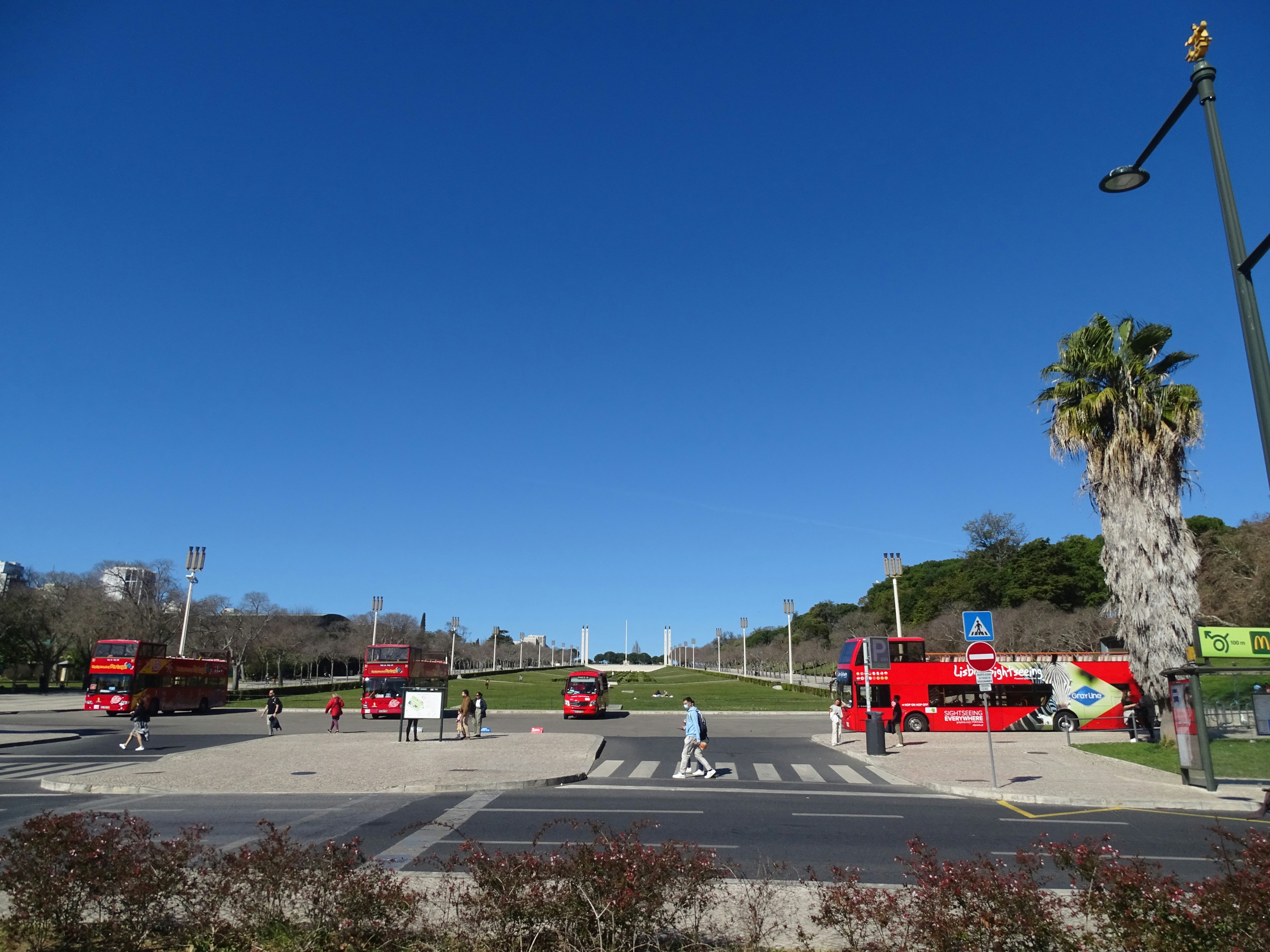 Crosswalk Orchestration under a Clear Blue Sky: Red Buses and Pedestrians