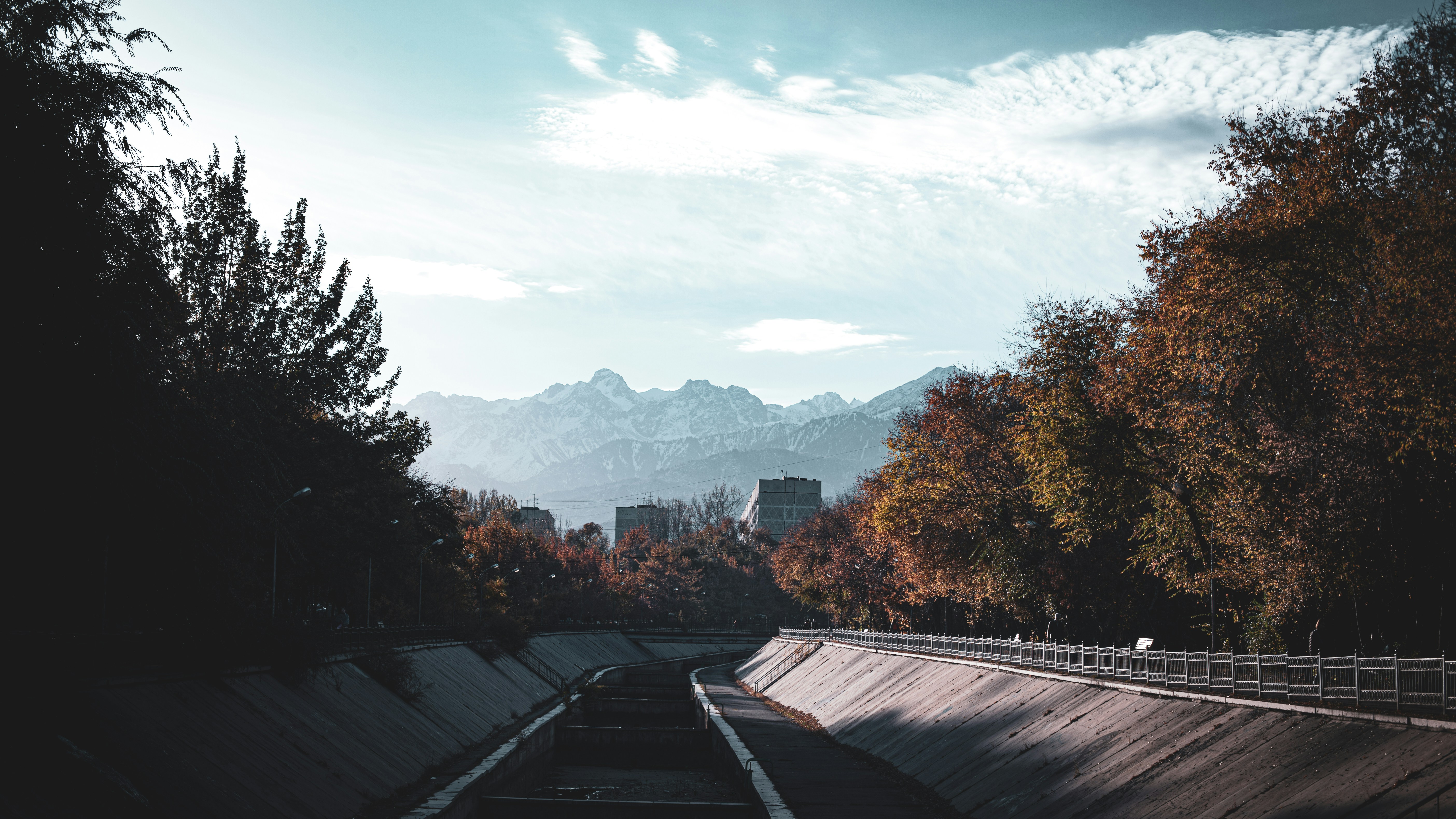 Mountain road flanked by autumn trees, leading towards distant peaks under a partly cloudy sky.