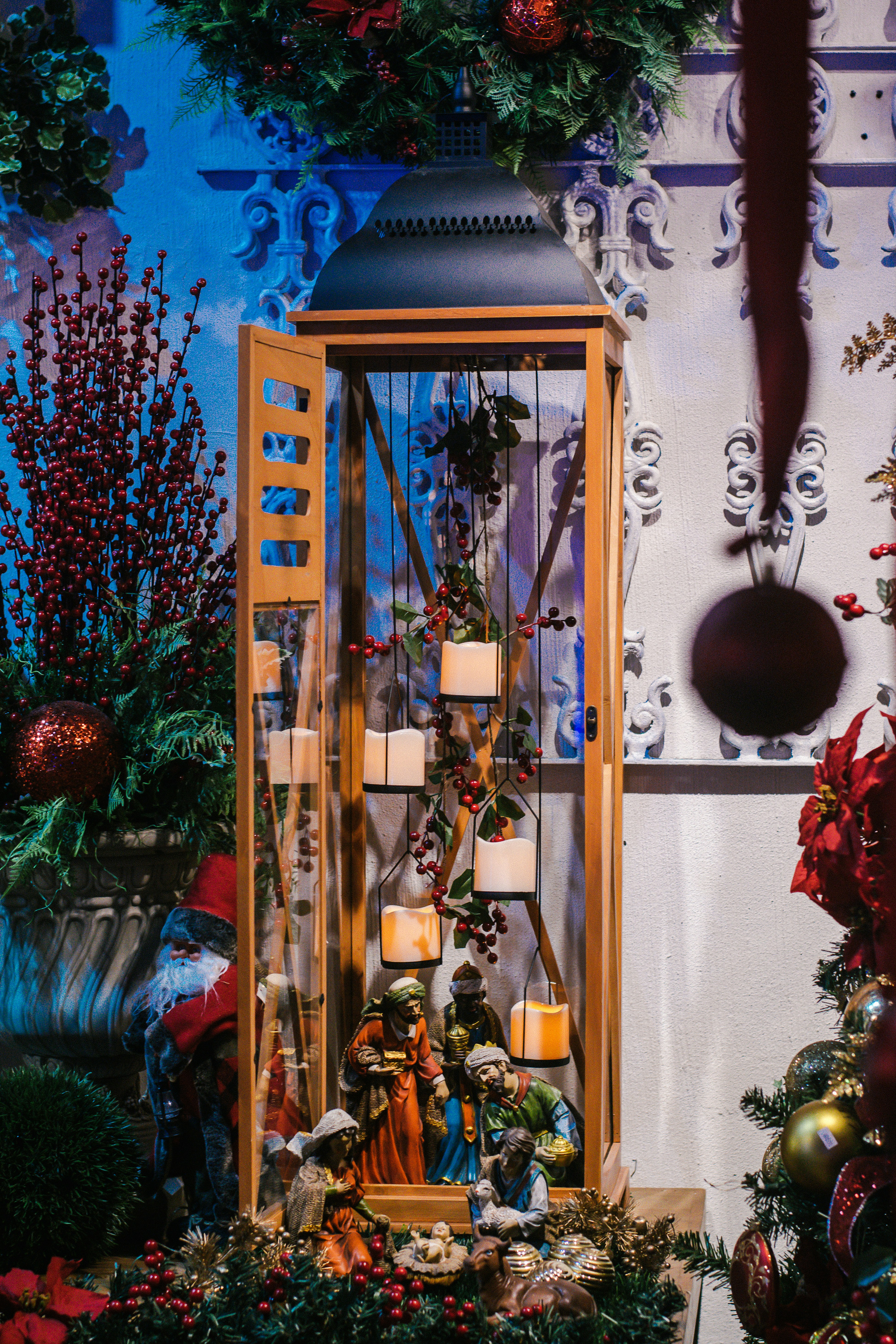Lantern-lit Nativity Display in a Holiday Corner