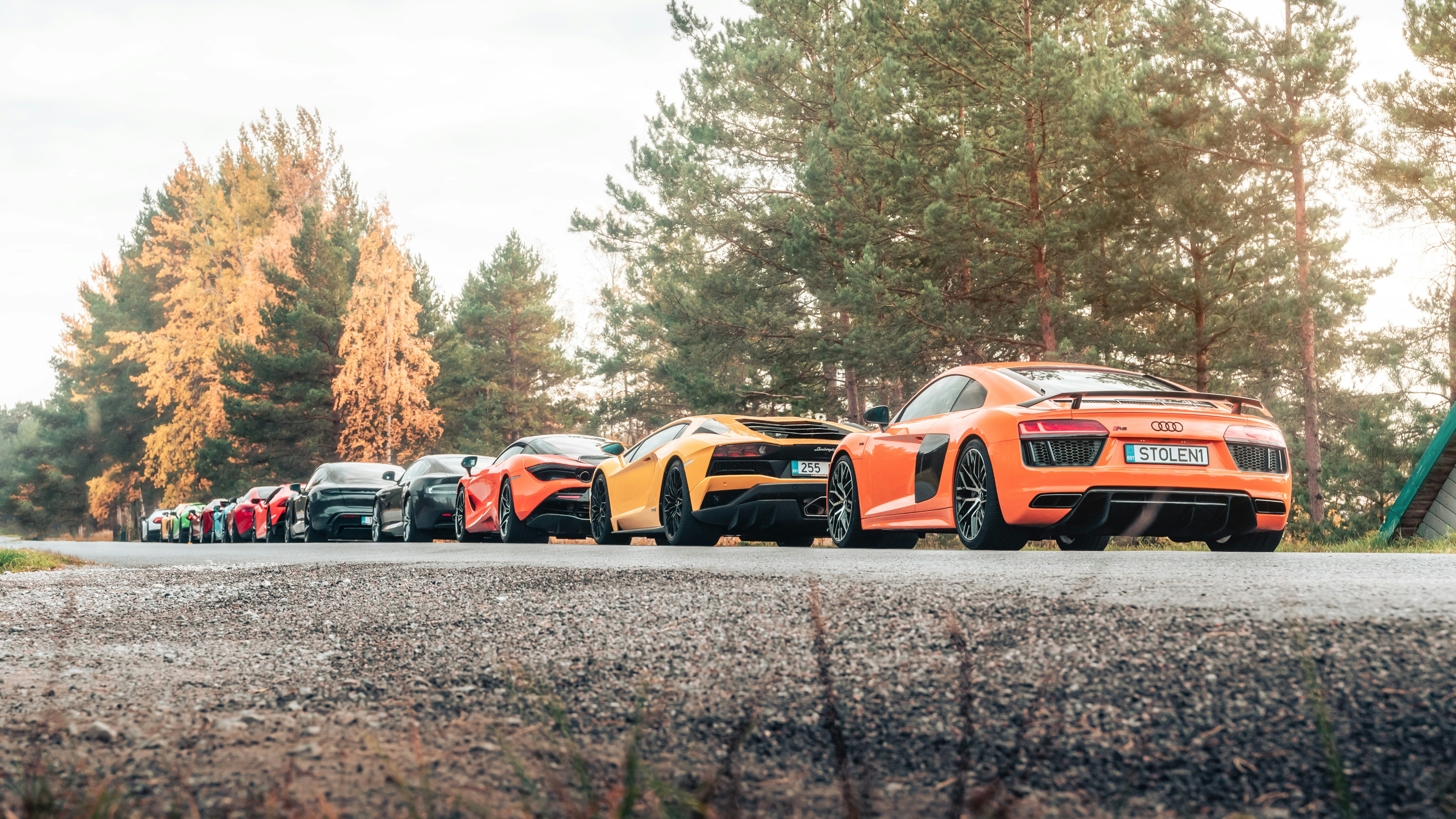Low-Angle Orange Line: A parade of exotic cars along a tree-lined road