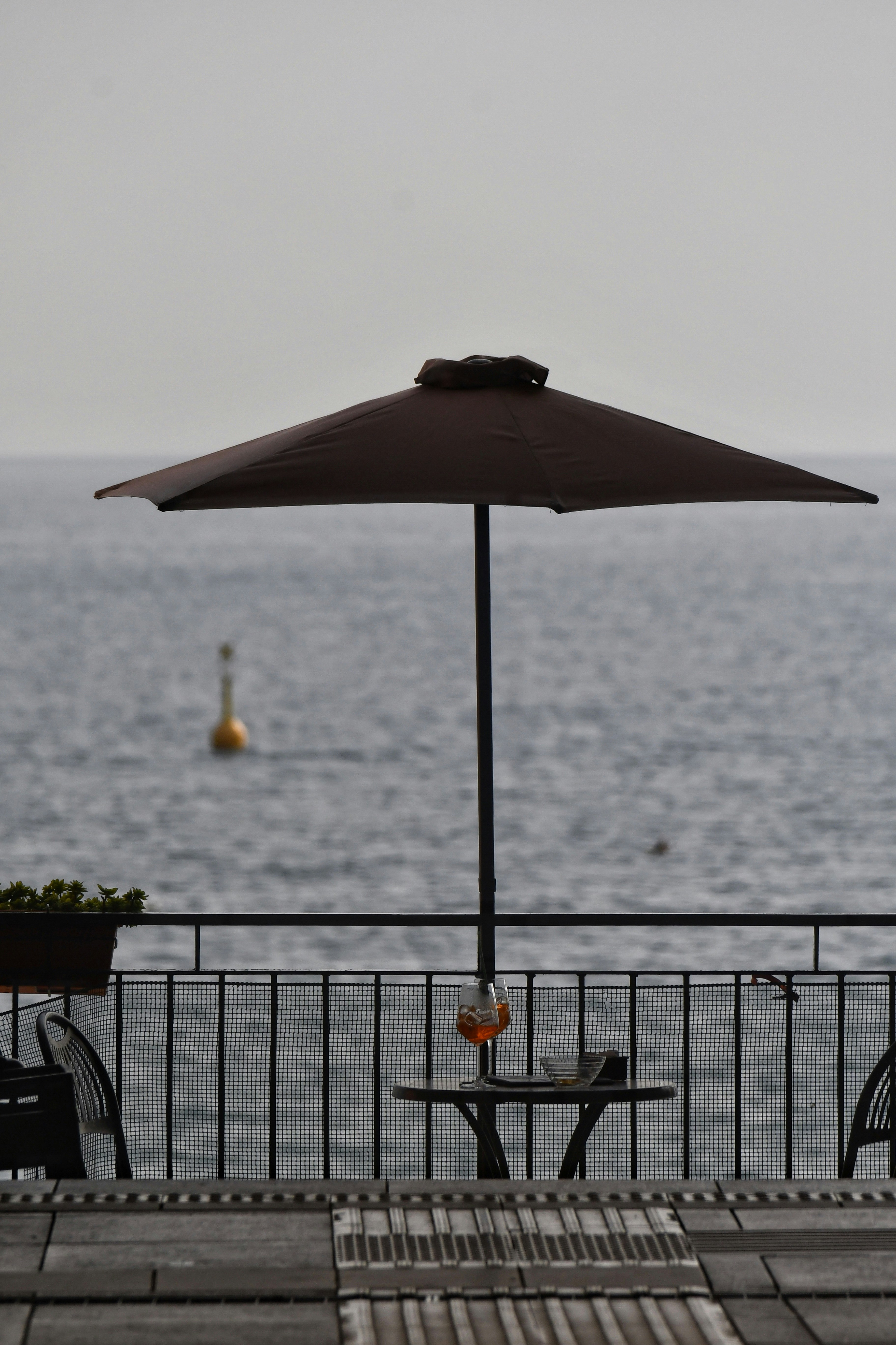Shade and Sea: A Quiet Terrace Moment by the Waterfront