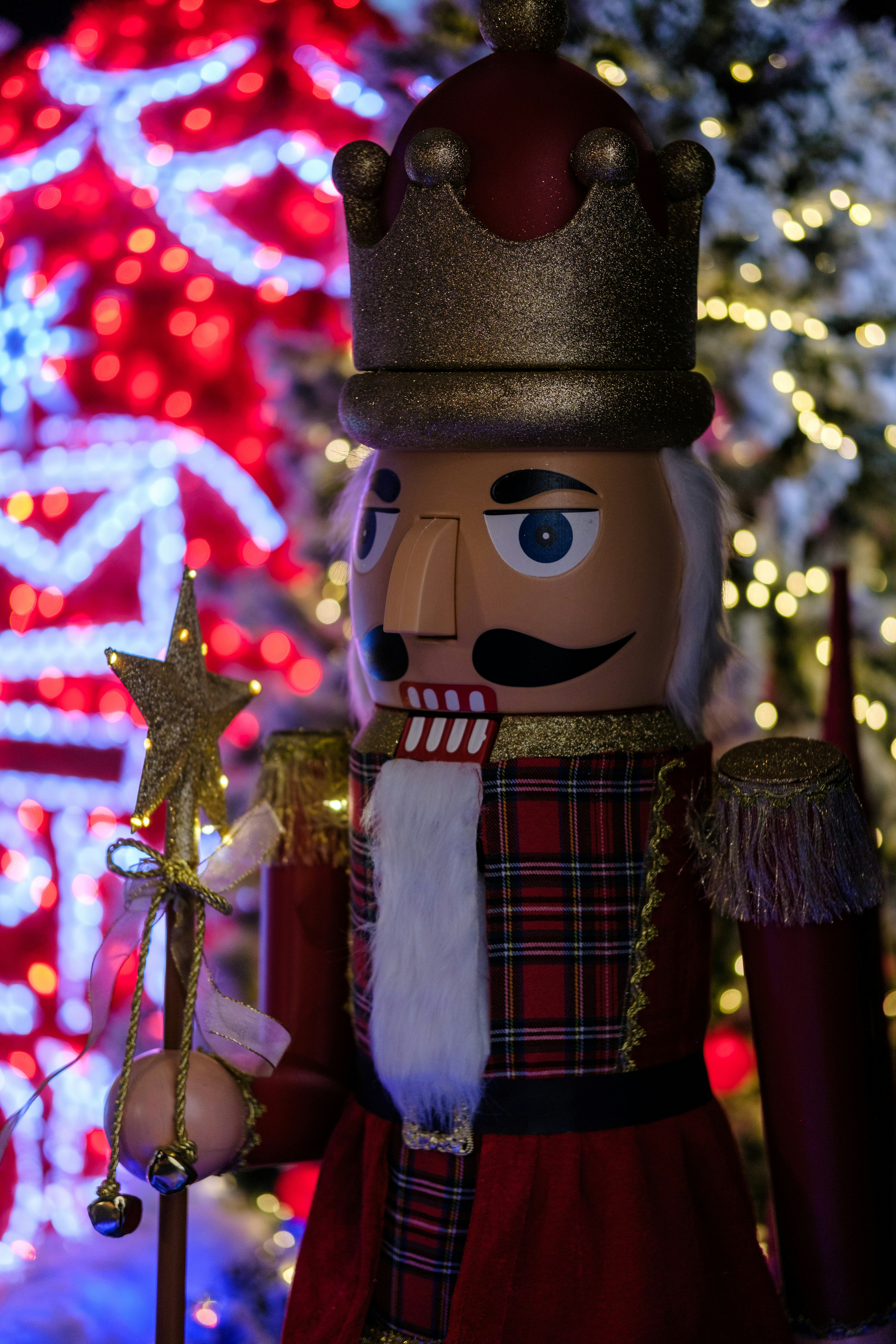 Nutcracker Sentinel under Neon Night: A Festive Glimmer