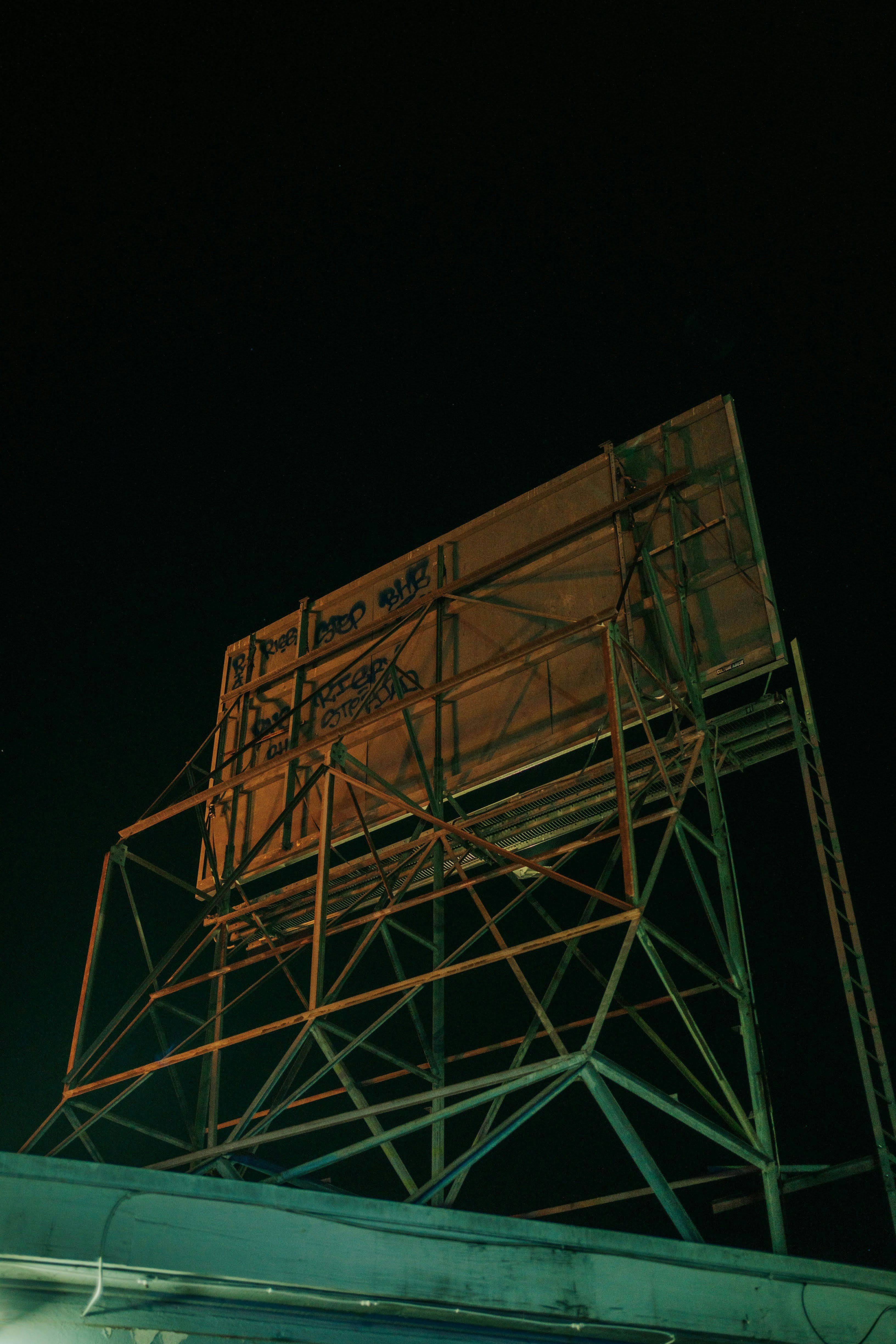 Nighttime Scaffold: The Weathered Billboard Frame Looms Over a Rooftop