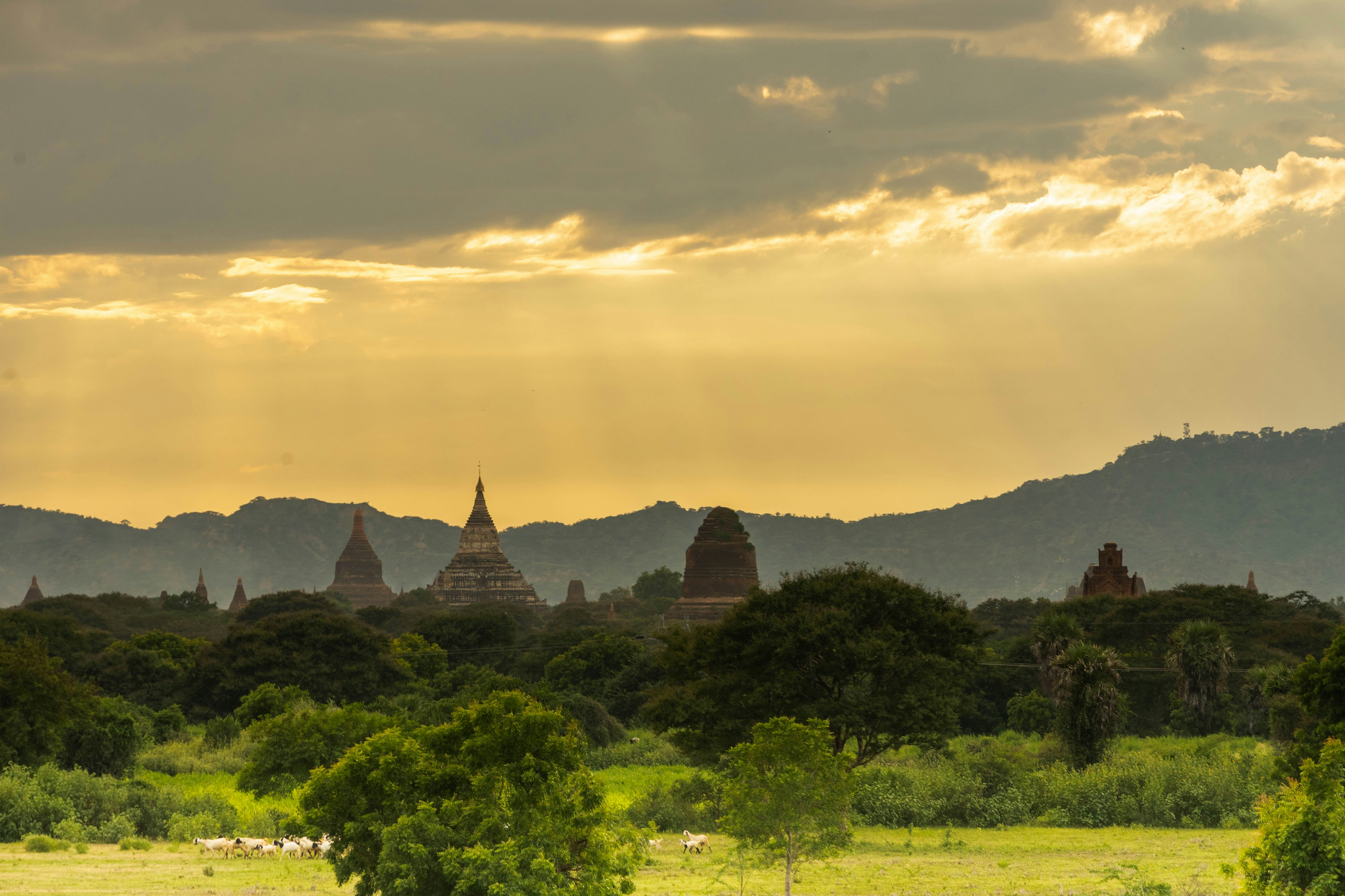 Amber Veil over Bagan's Spires at Golden Hour
