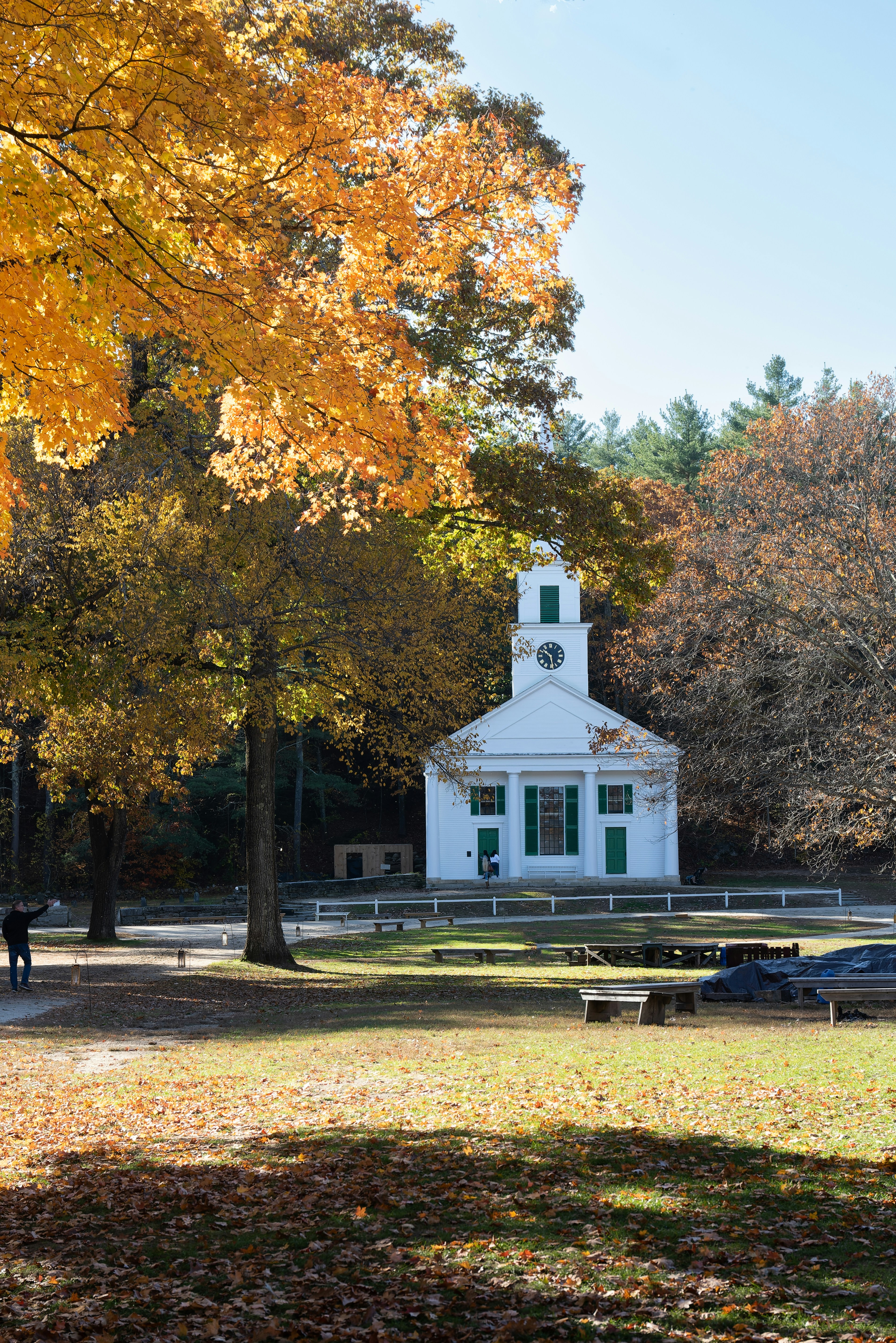 Amber Canopy and a White Chapel: Autumn Light over a Quiet Park