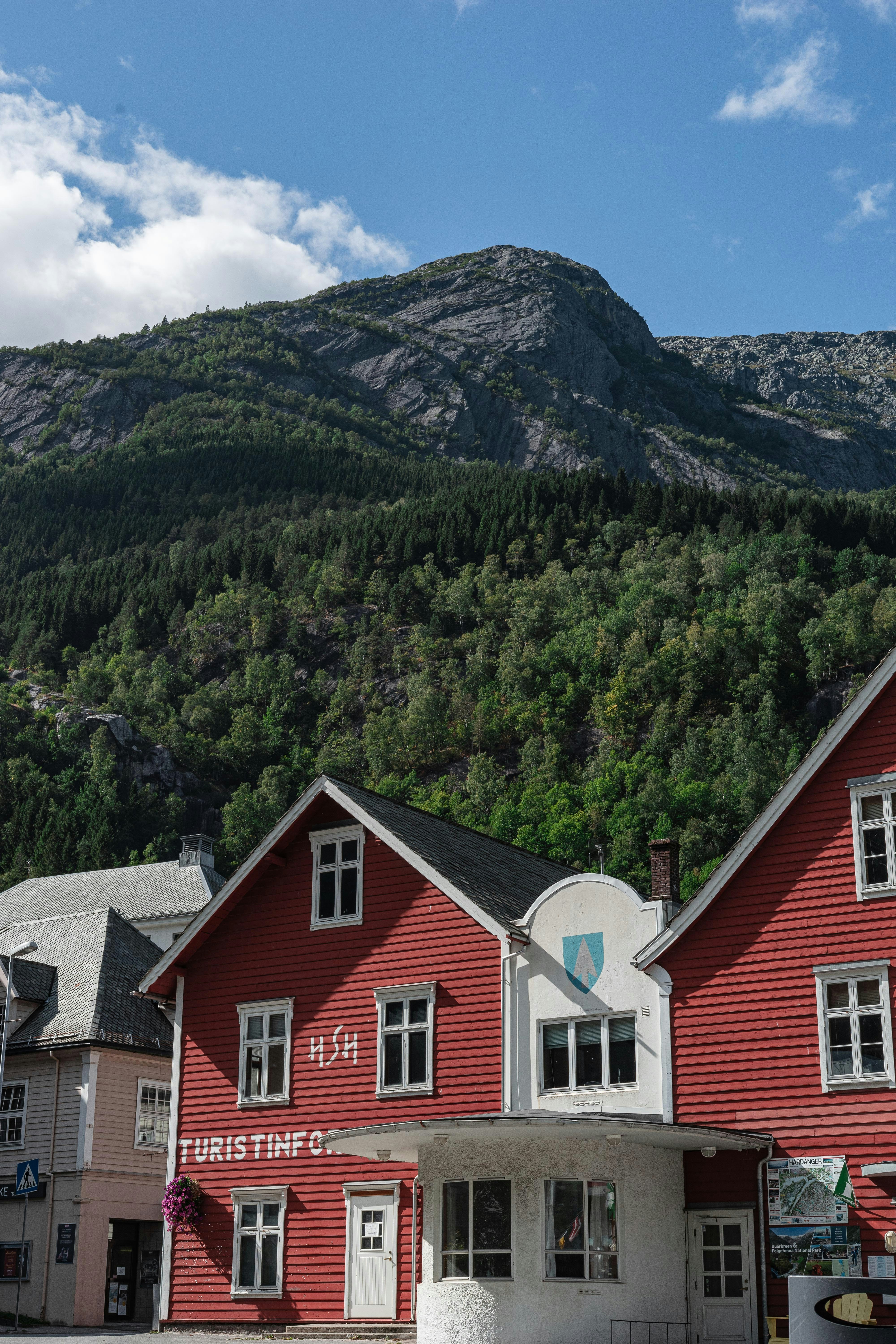 Norwegian Red Timbered Facade with Mountain Backdrop