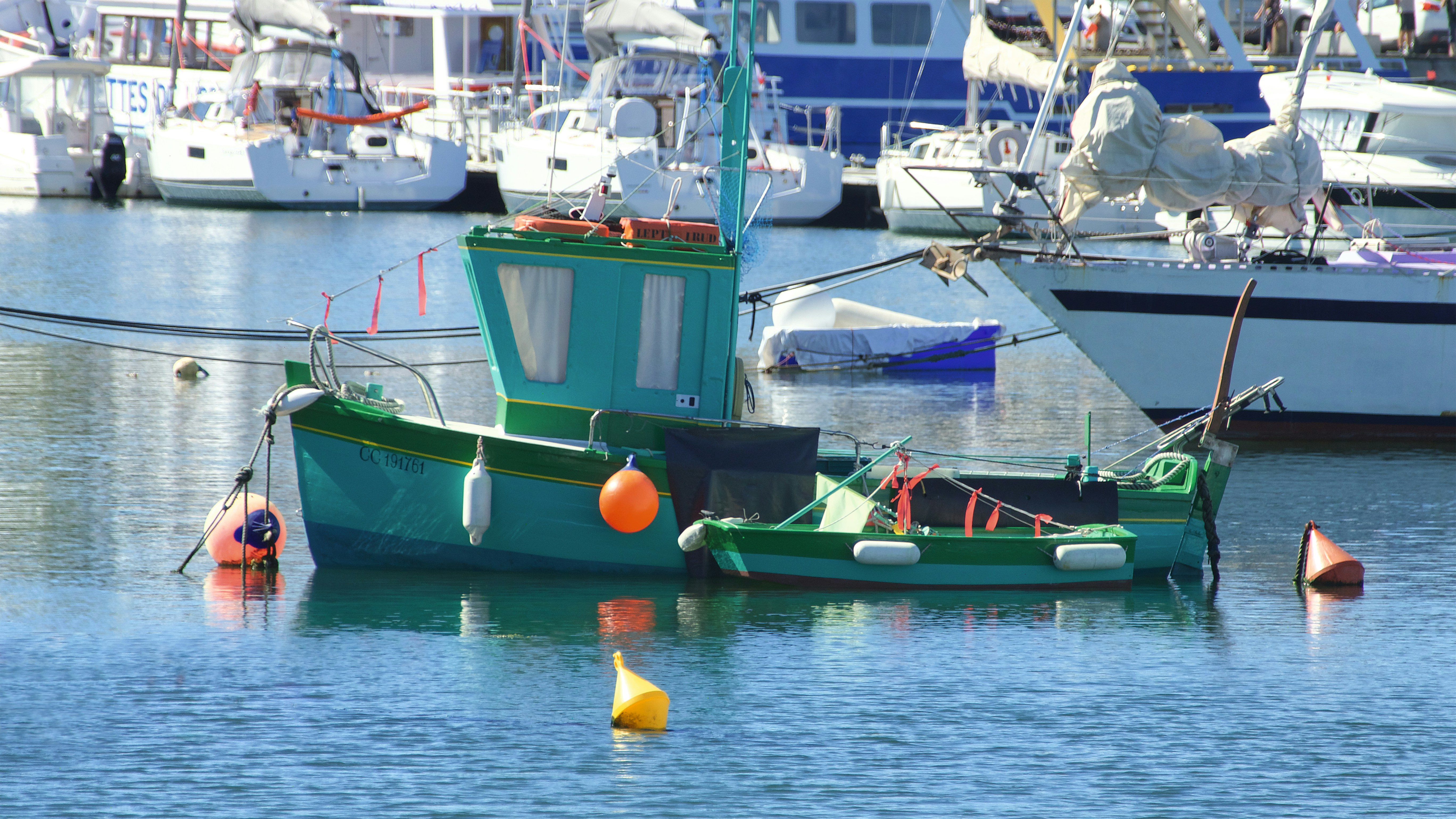 Green fishing boat anchored among colorful buoys in a bustling marina.