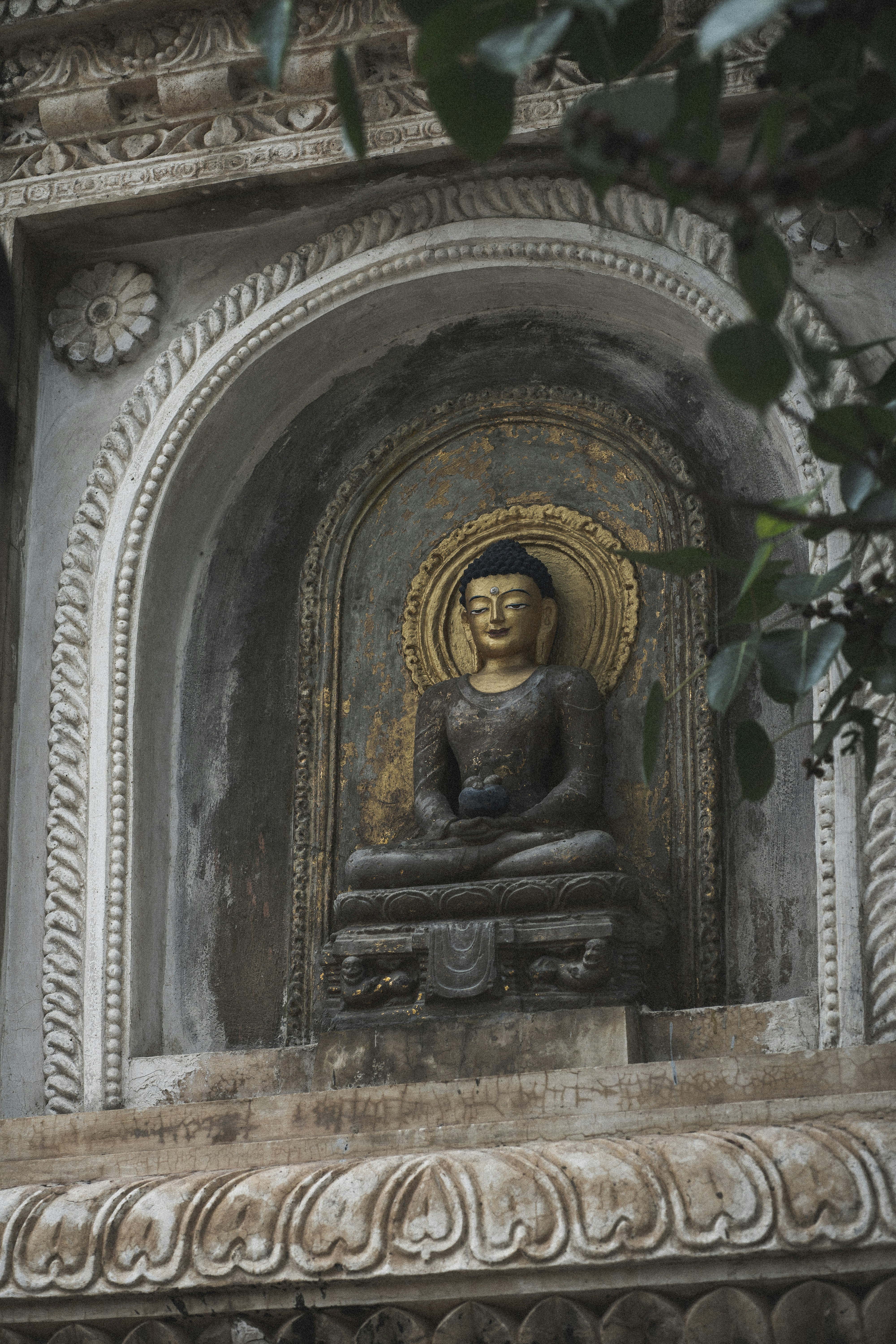 A serene Buddha statue nestled within an intricately carved alcove, surrounded by lush foliage. The golden halo enhances the statue's tranquil presence.