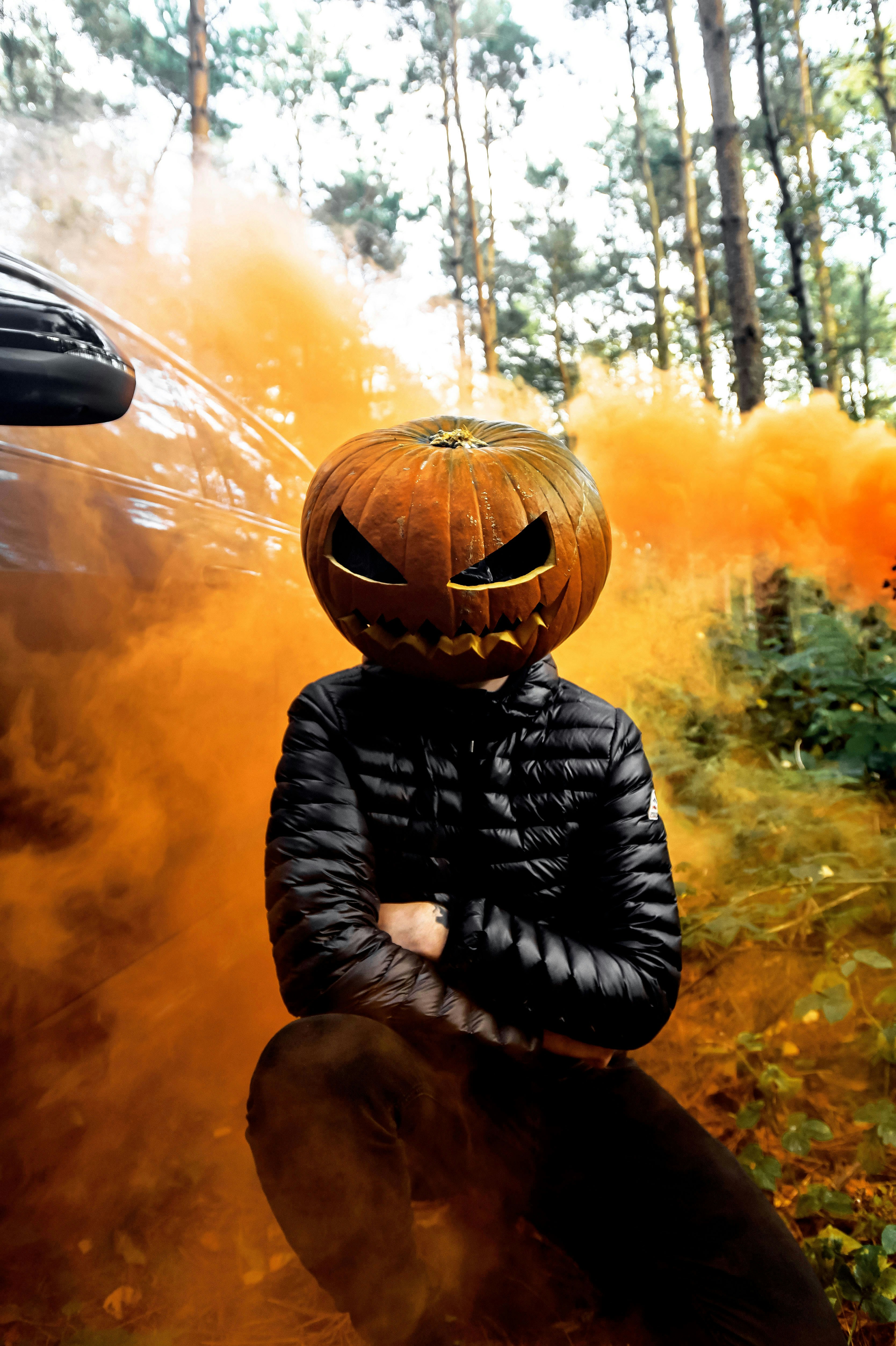 Pumpkin-Head Sentinel in Orange Forest Smoke