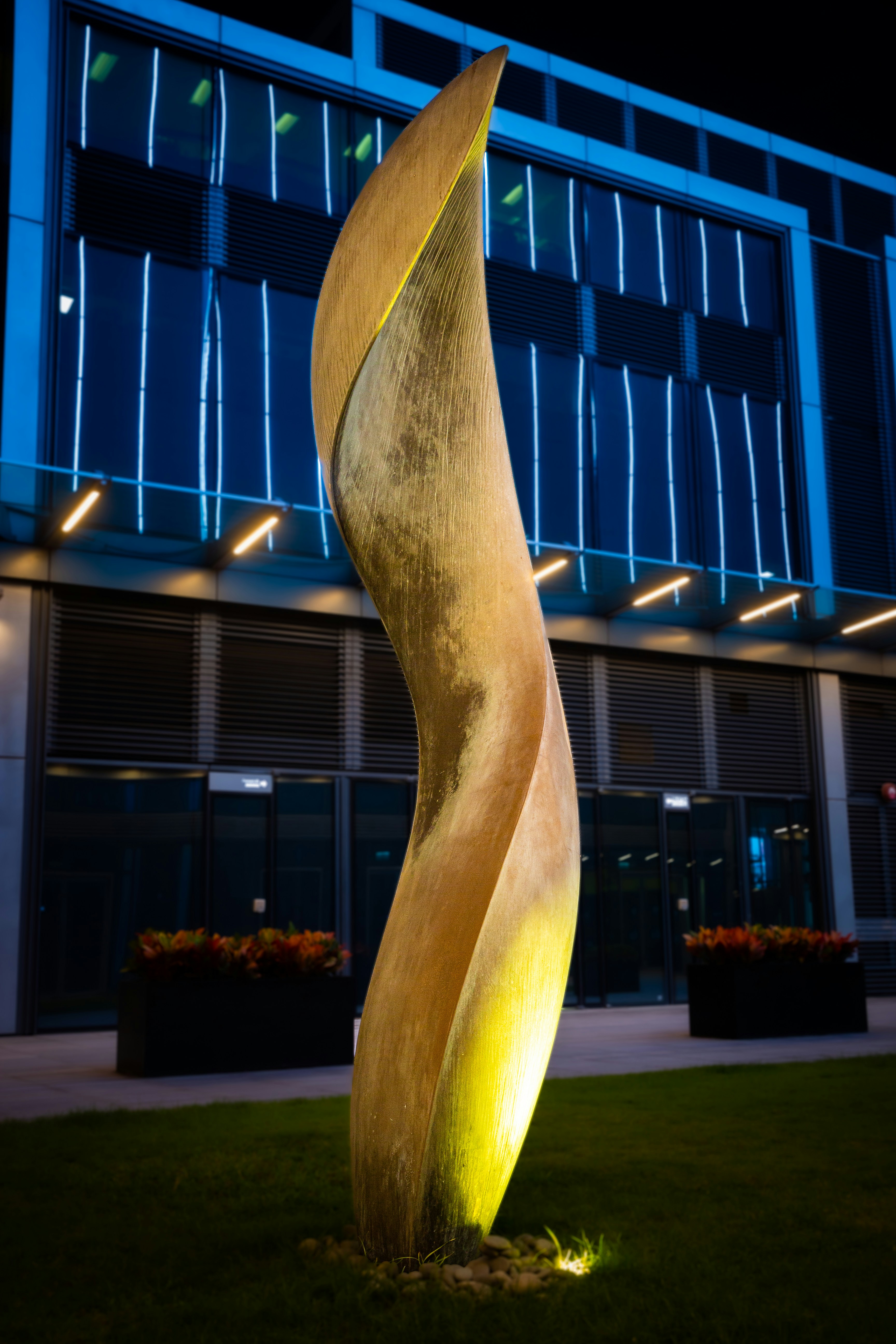 Sculpted Flame: A Golden Twist Against Modern Glass