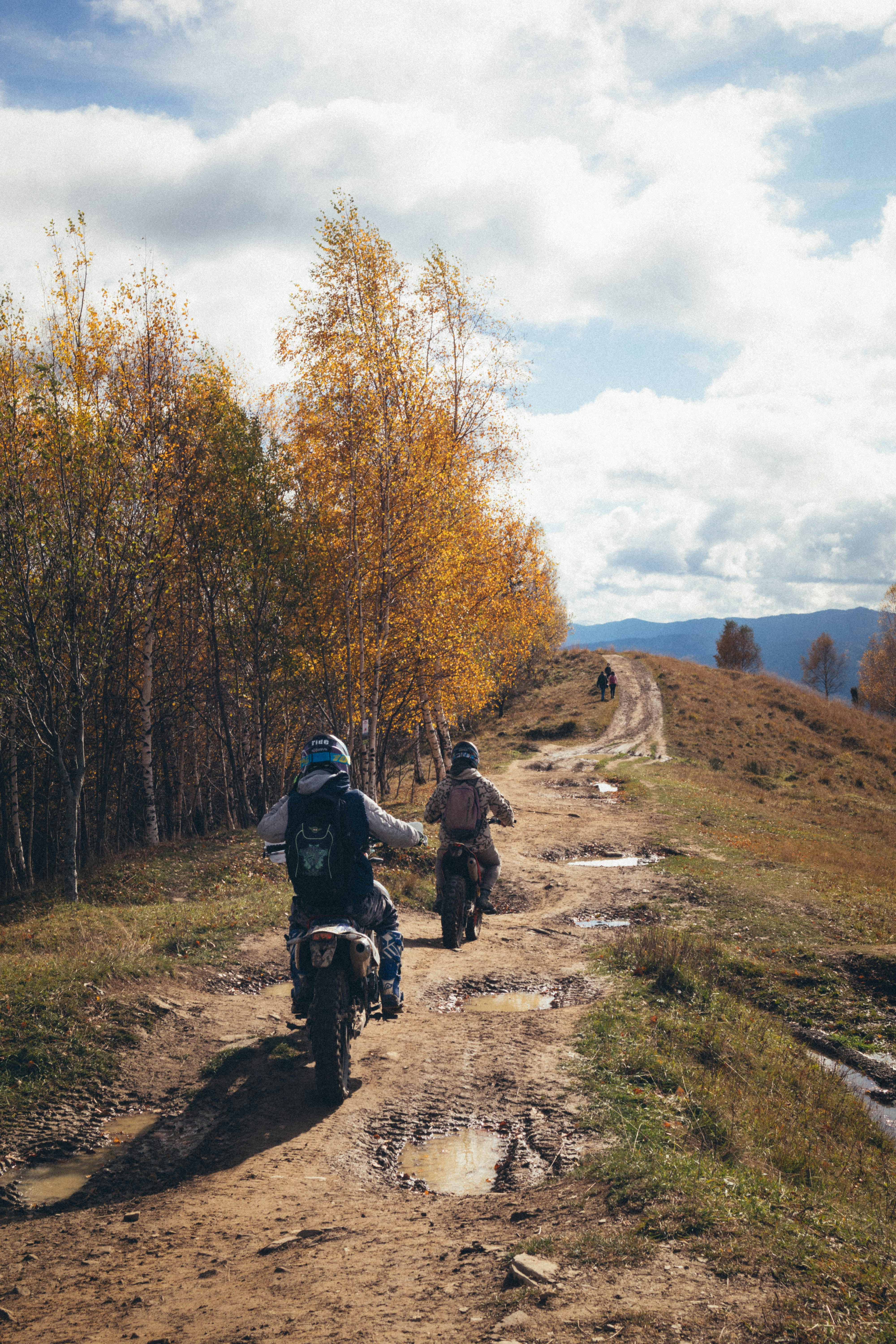 Autumn Ascent: Riders on a Rain-Soaked Trail Toward the Horizon