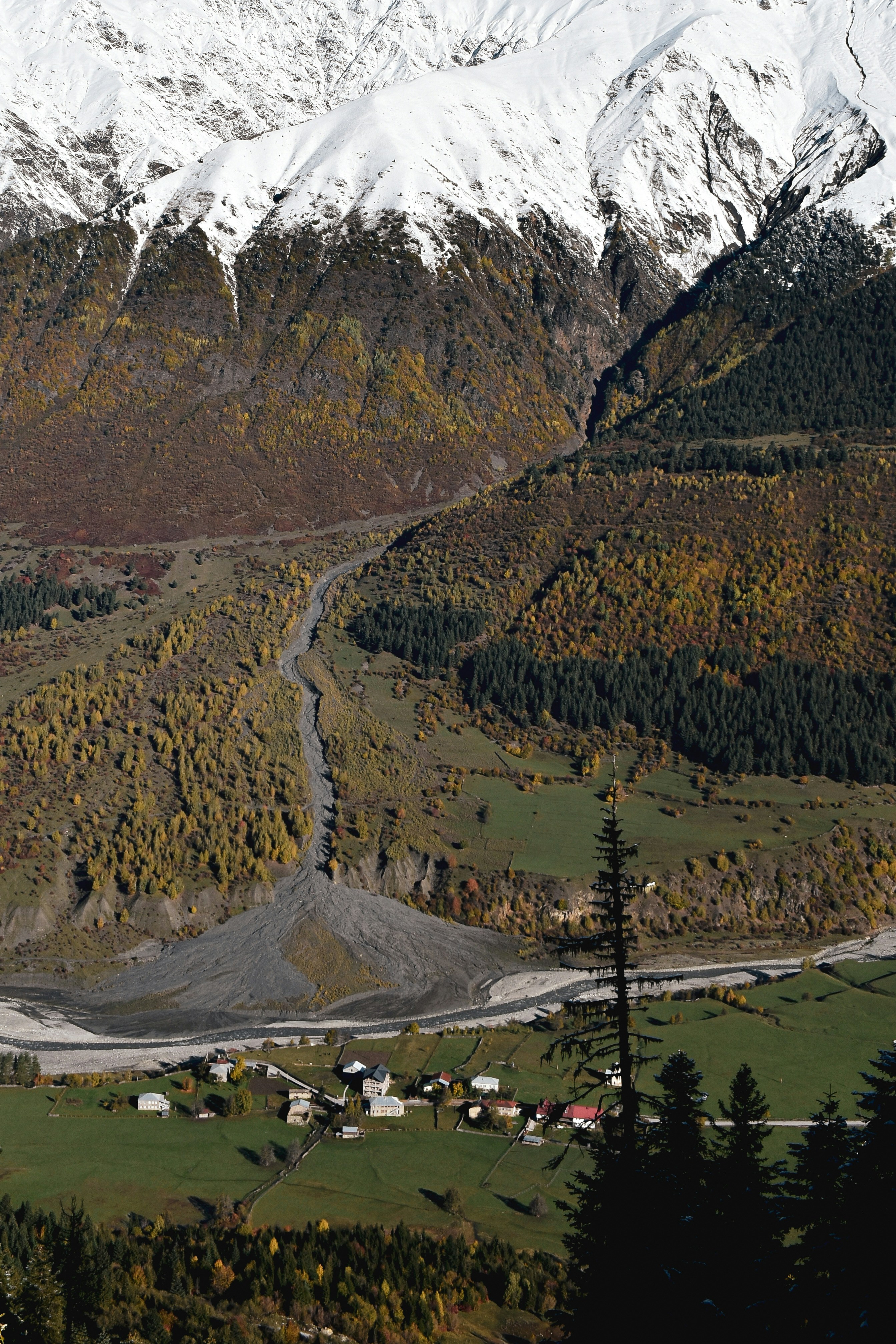 a valley between mountains with houses and trees
