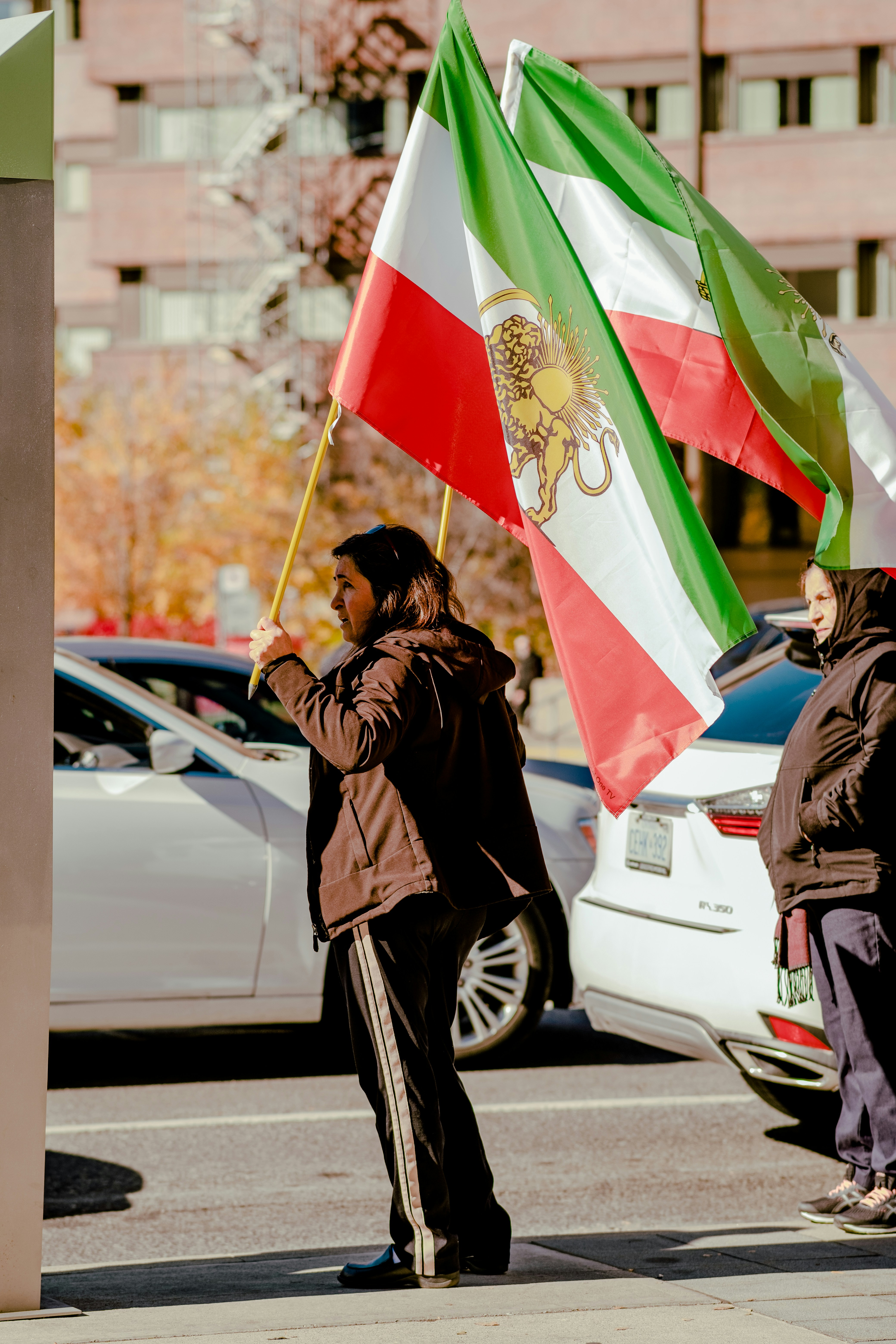 Protestor holding flags representing cultural heritage in a bustling urban setting.