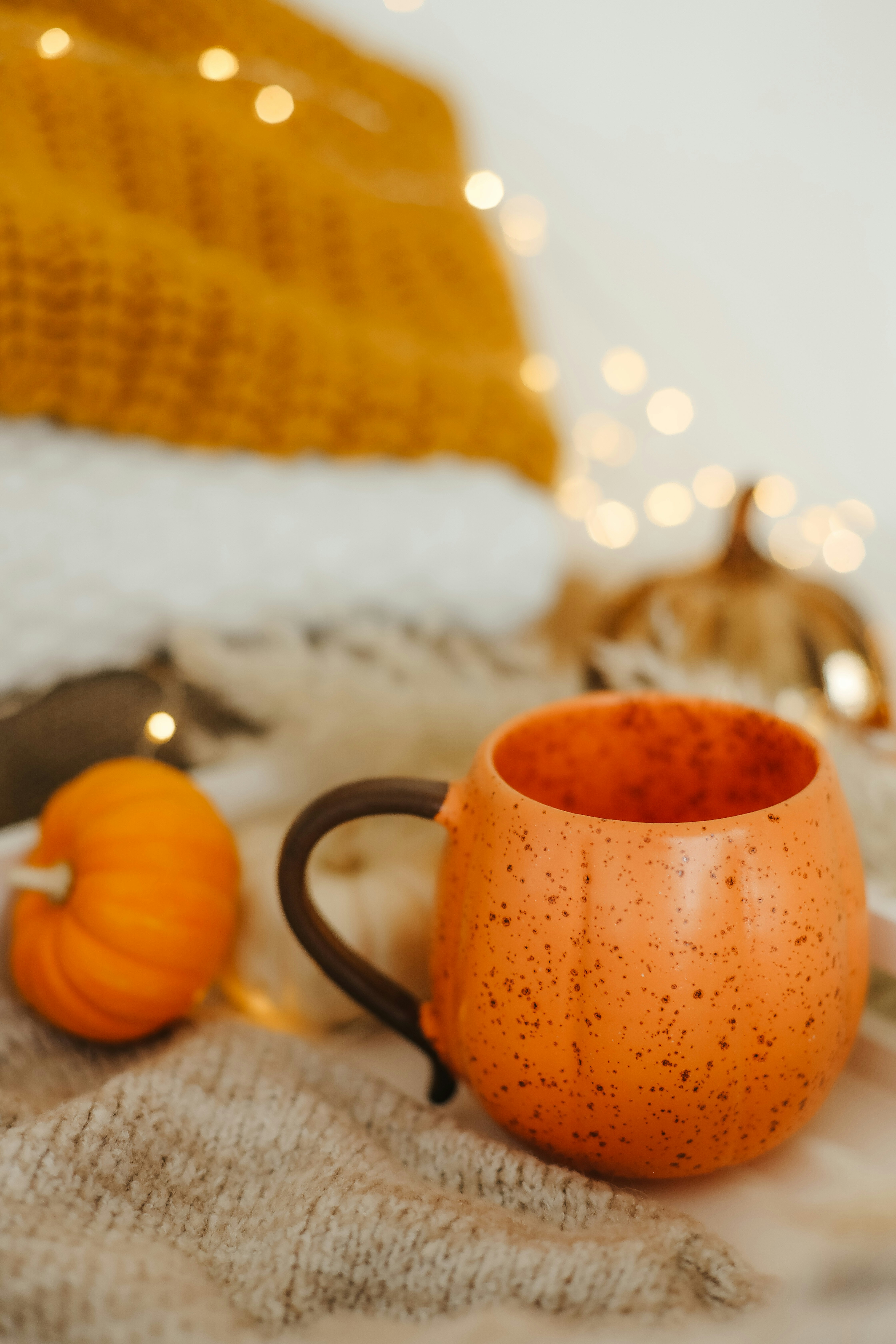 Speckled Ember Mug Anchored by Fairy Lights in a Cozy Autumn Still Life