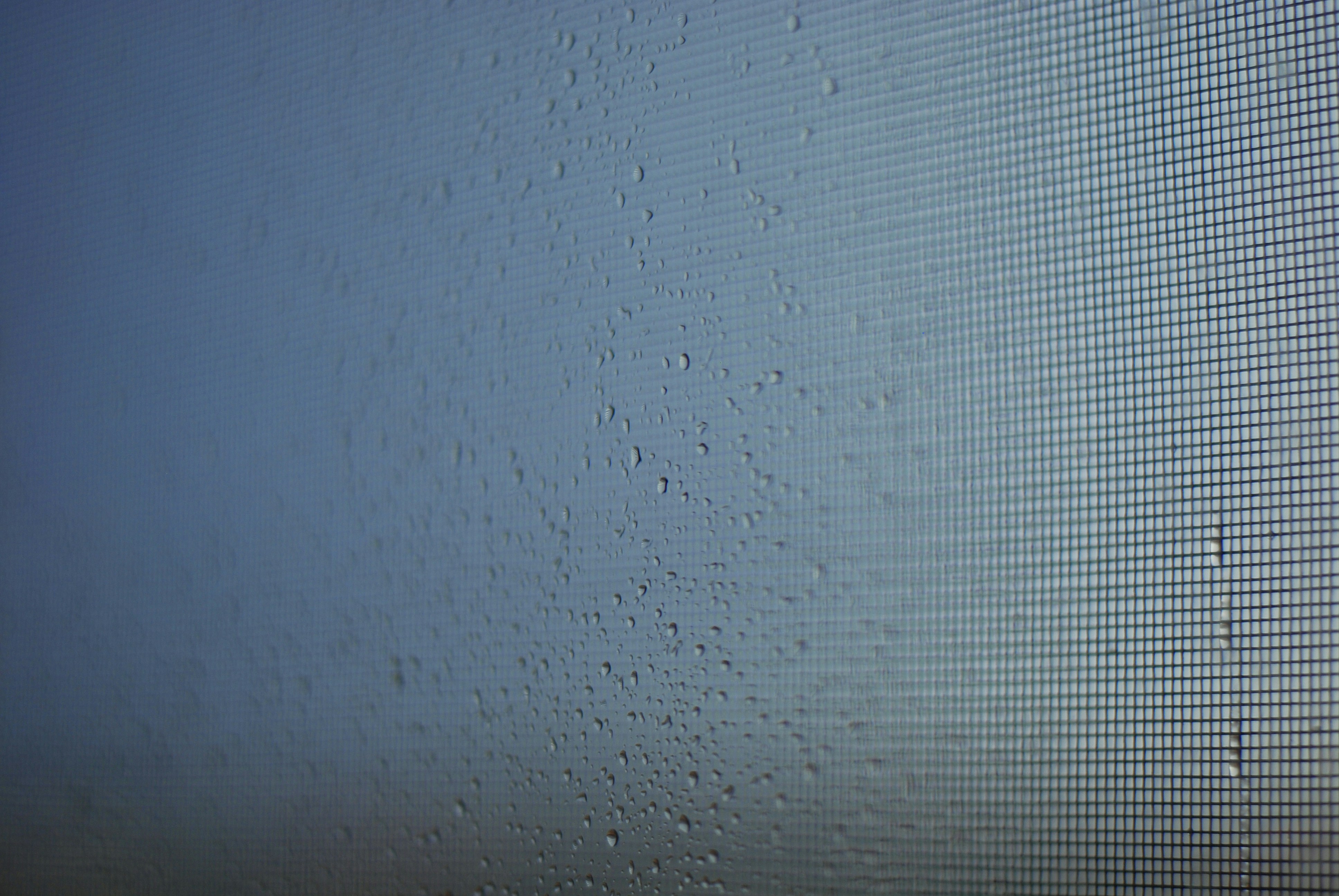 Close-up of water droplets clinging to a mesh screen against a clear blue sky, showcasing the delicate interplay of light and texture.