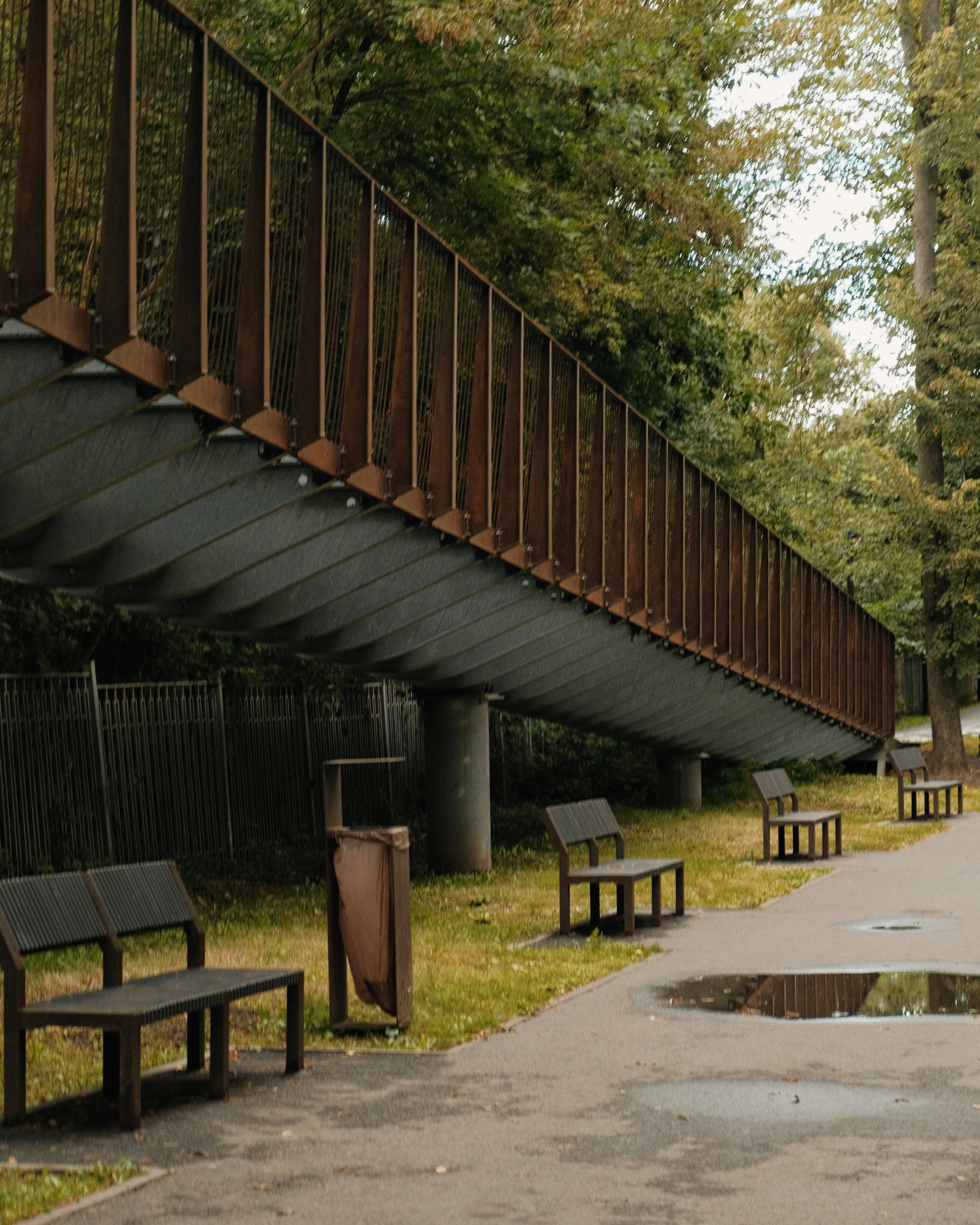 Rust-tinged railing threads a quiet park path beneath a suspended bridge.