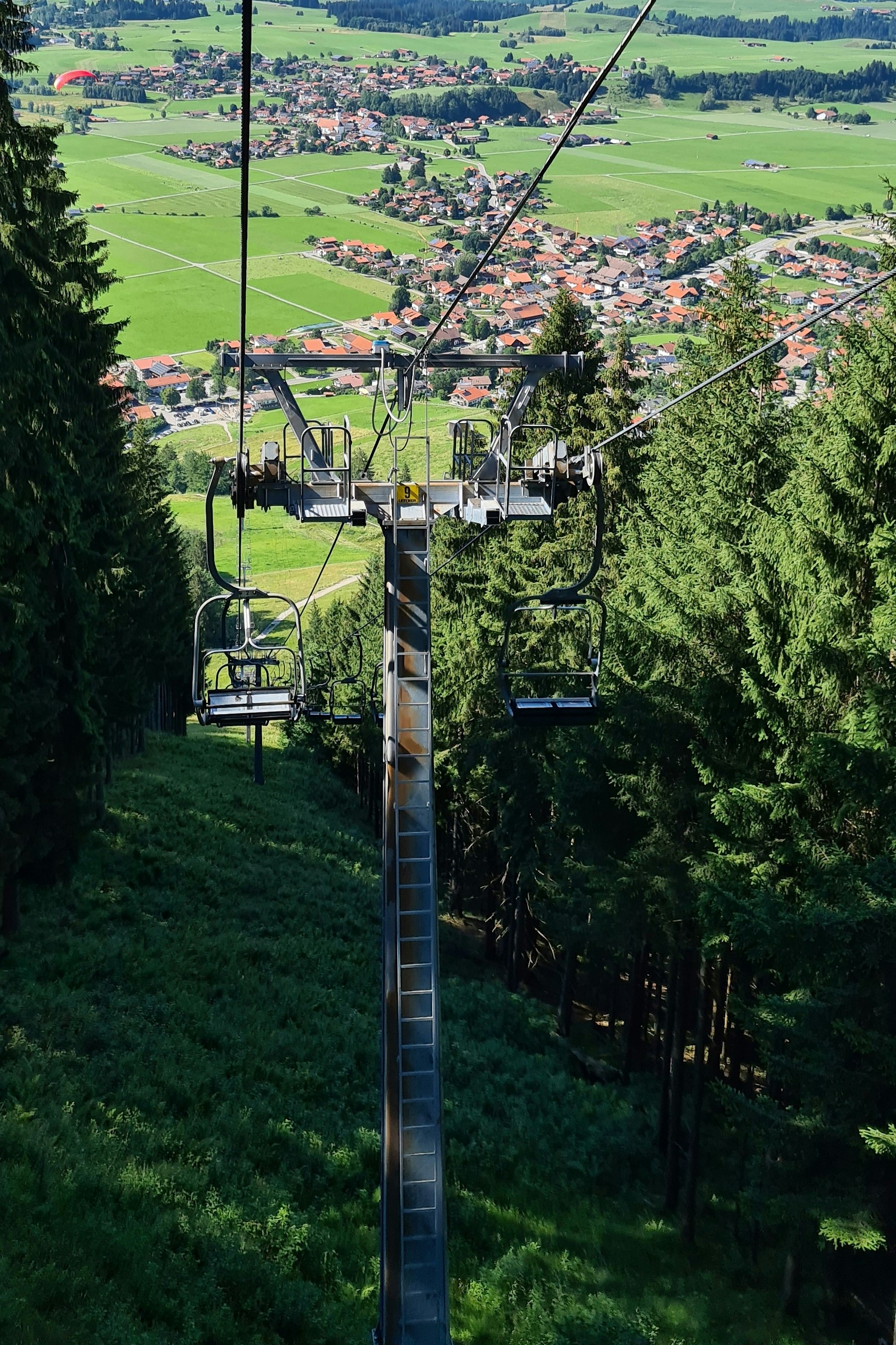 Pine-Lined Ascent: A Cable Car Slice Through Alpine Green to a Patchwork Valley Town