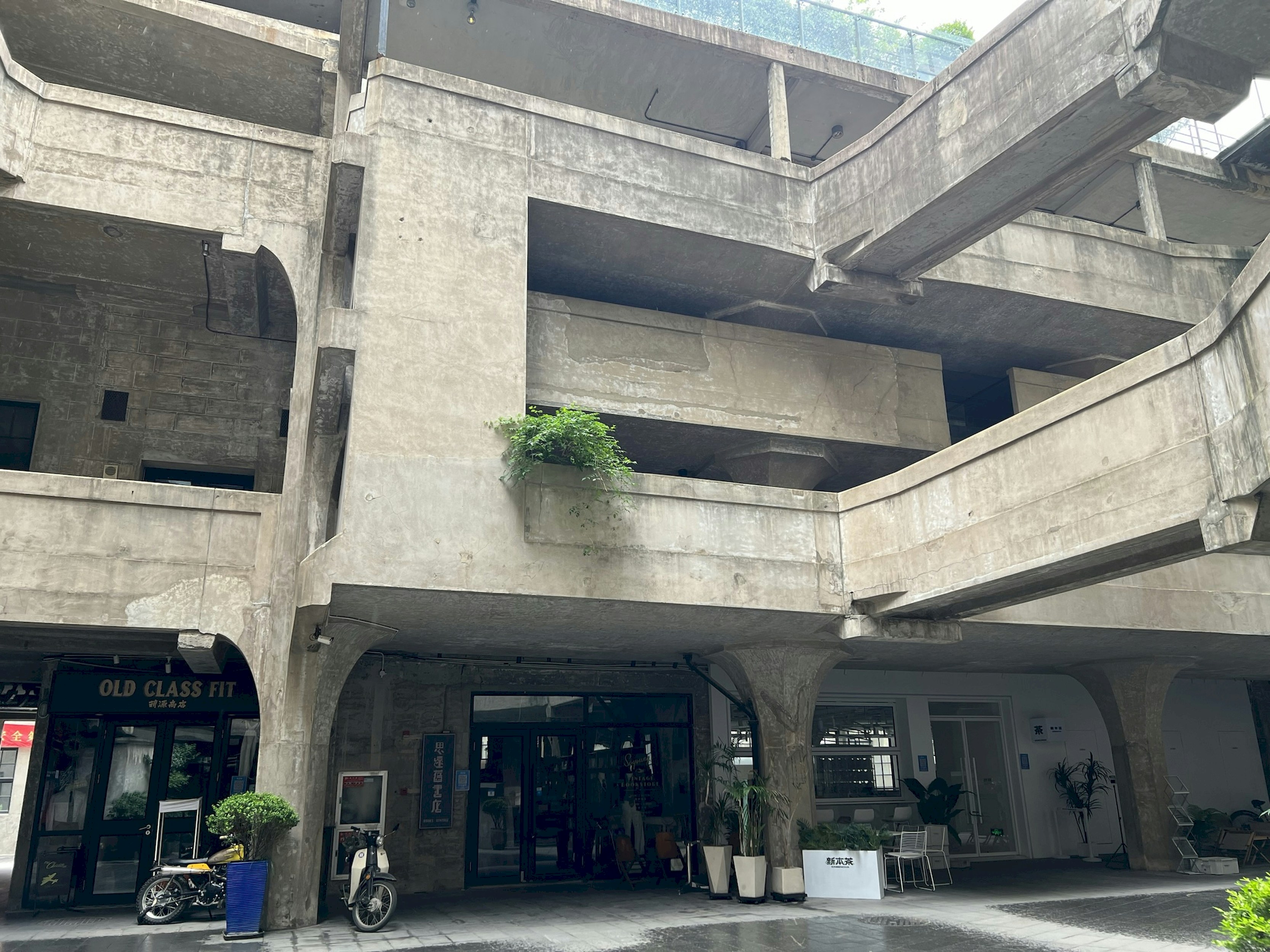 Concrete Thresholds: Morning Light on a Ground-Floor Atrium Beneath a Brutalist Ramp