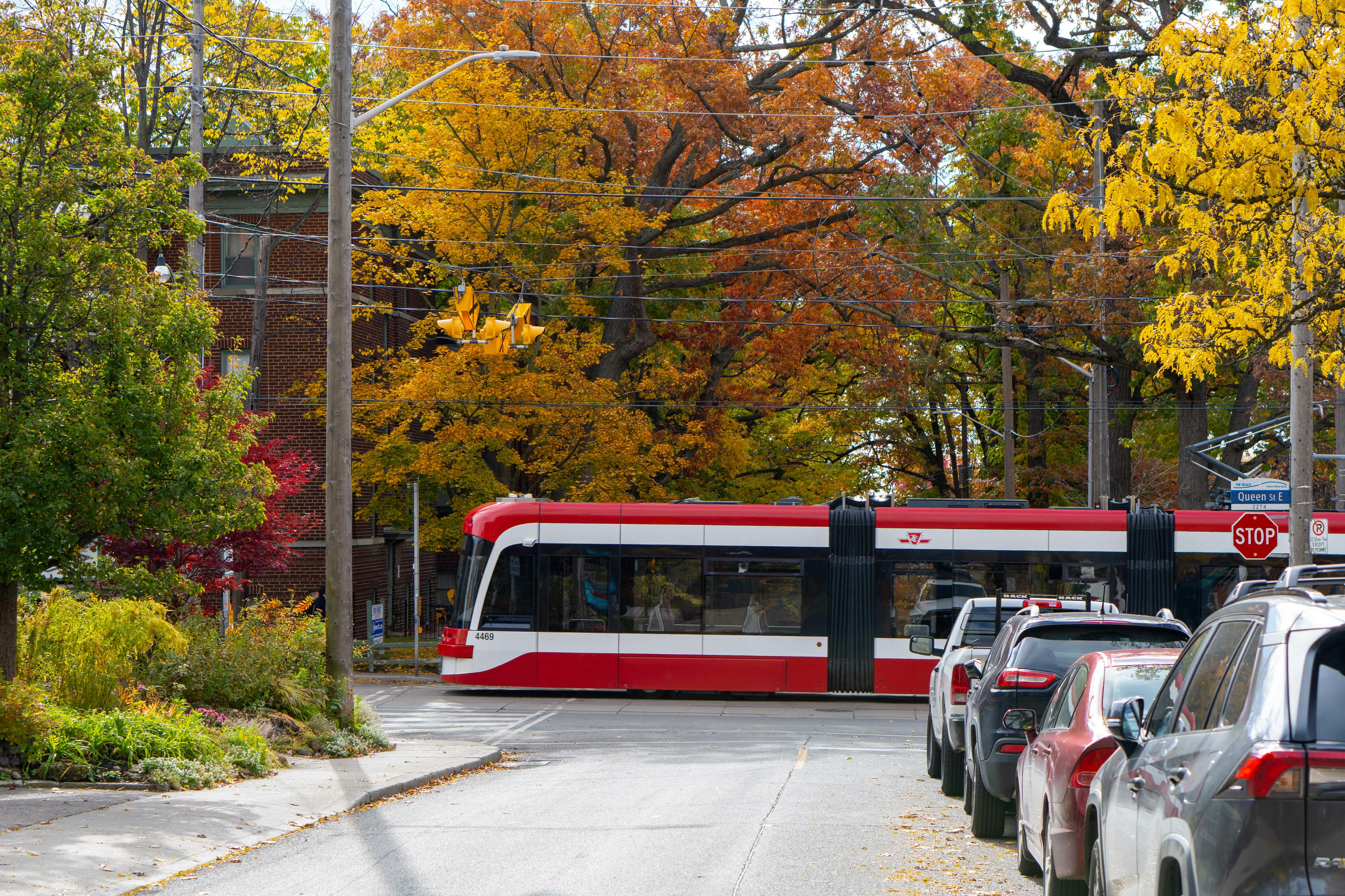Red-and-White Streetcar Crossing Through a Fall-Colored, Quiet Suburban Street