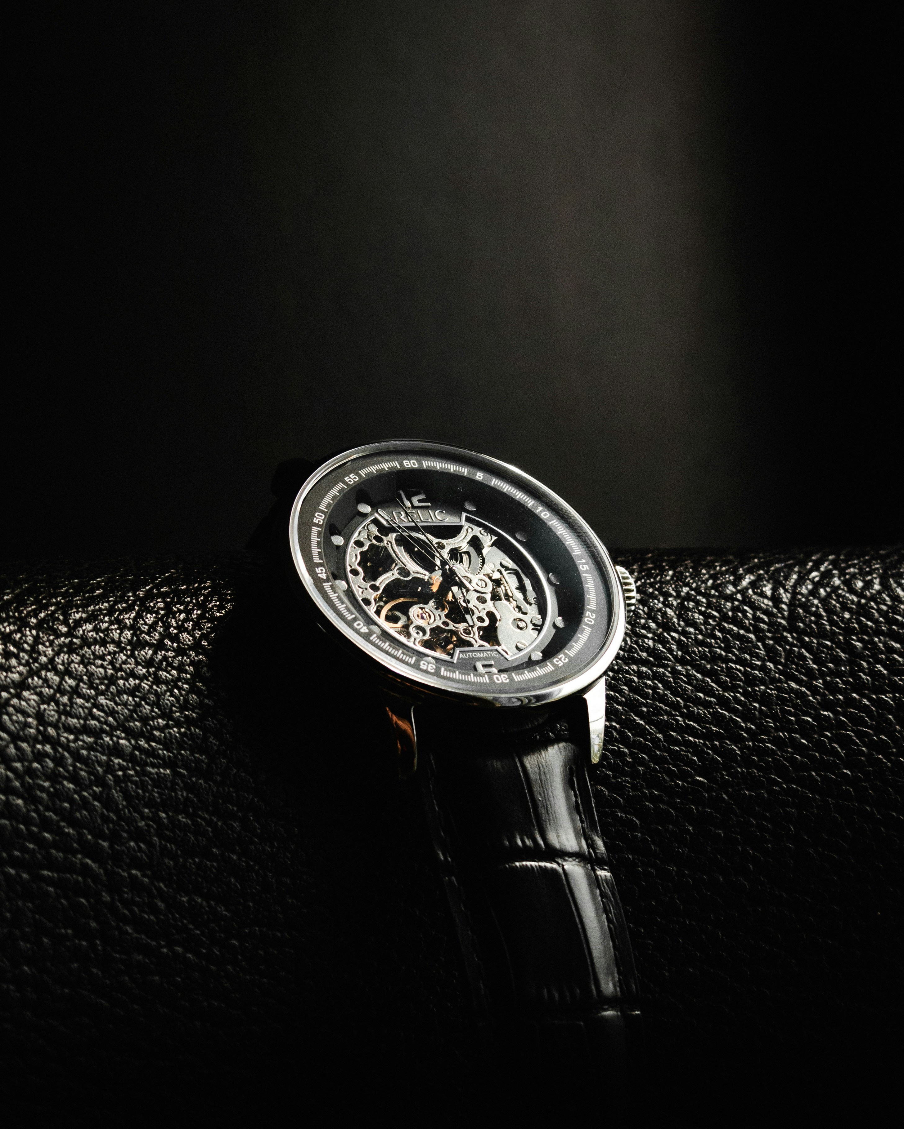 Gleaming Gears in the Gloom: Skeleton Watch on Leather