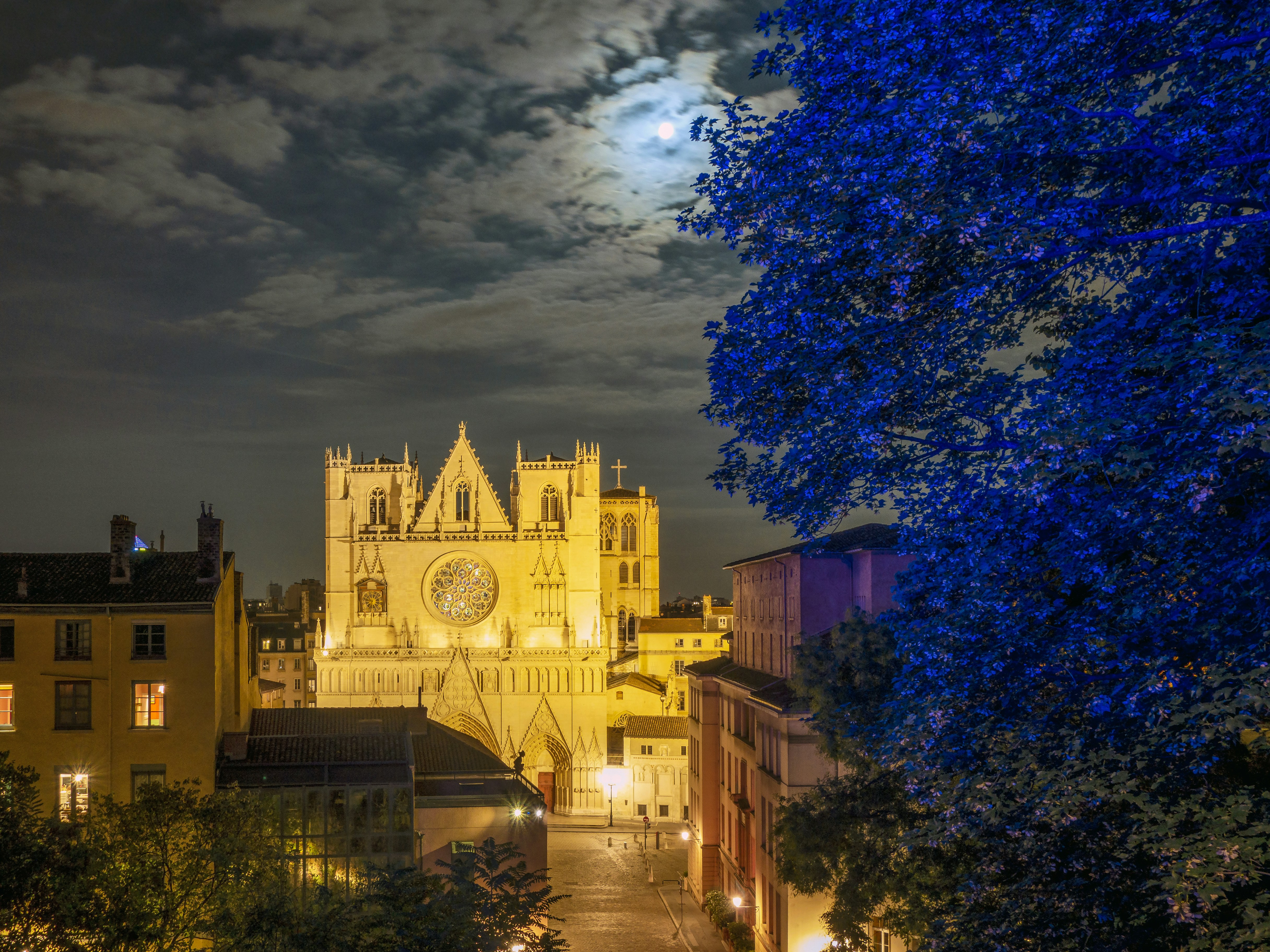 Golden Cathedral at Night, Framed by a Velvet Blue Edge