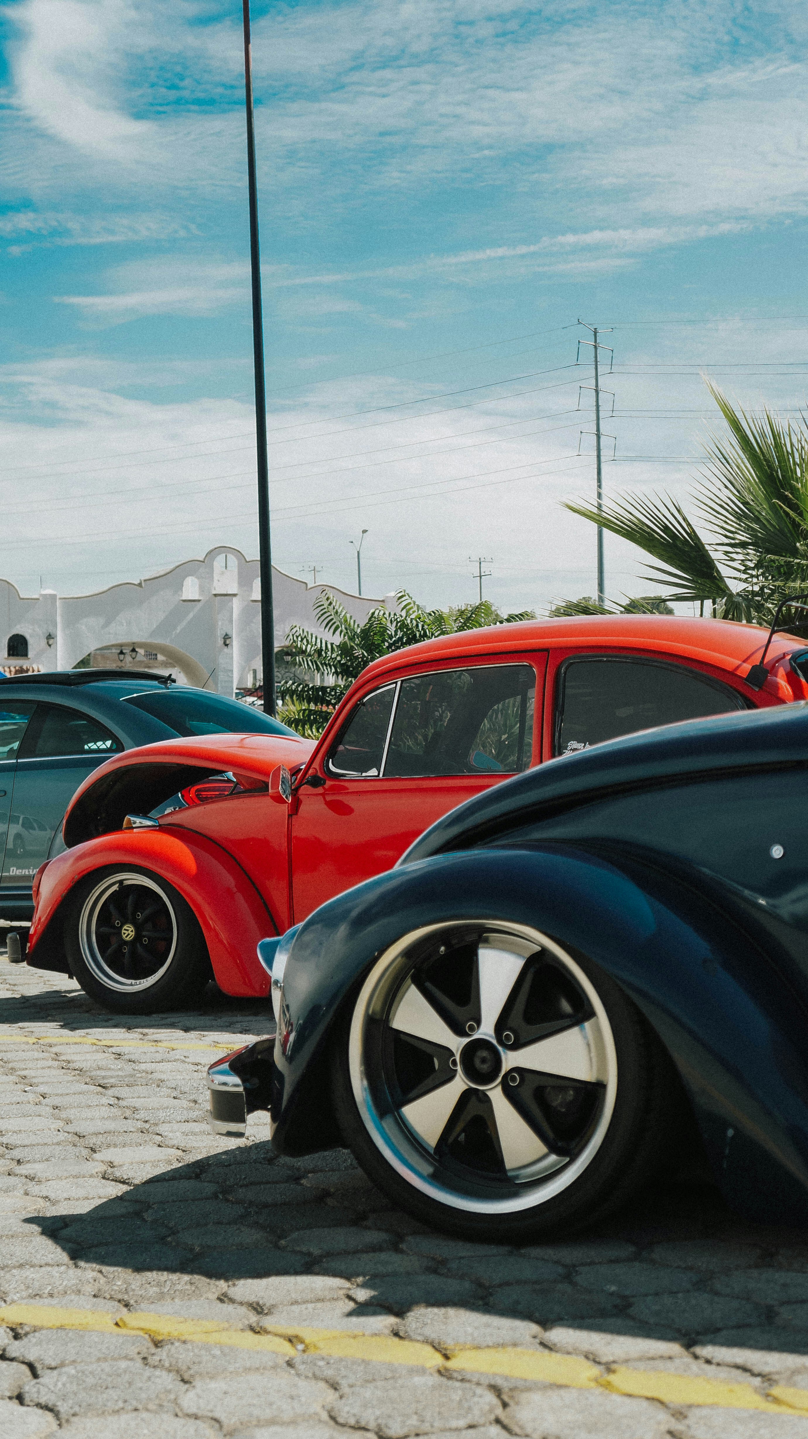 Sunlit Row of Vintage Beetles: Chrome and Color in a Parking Lot