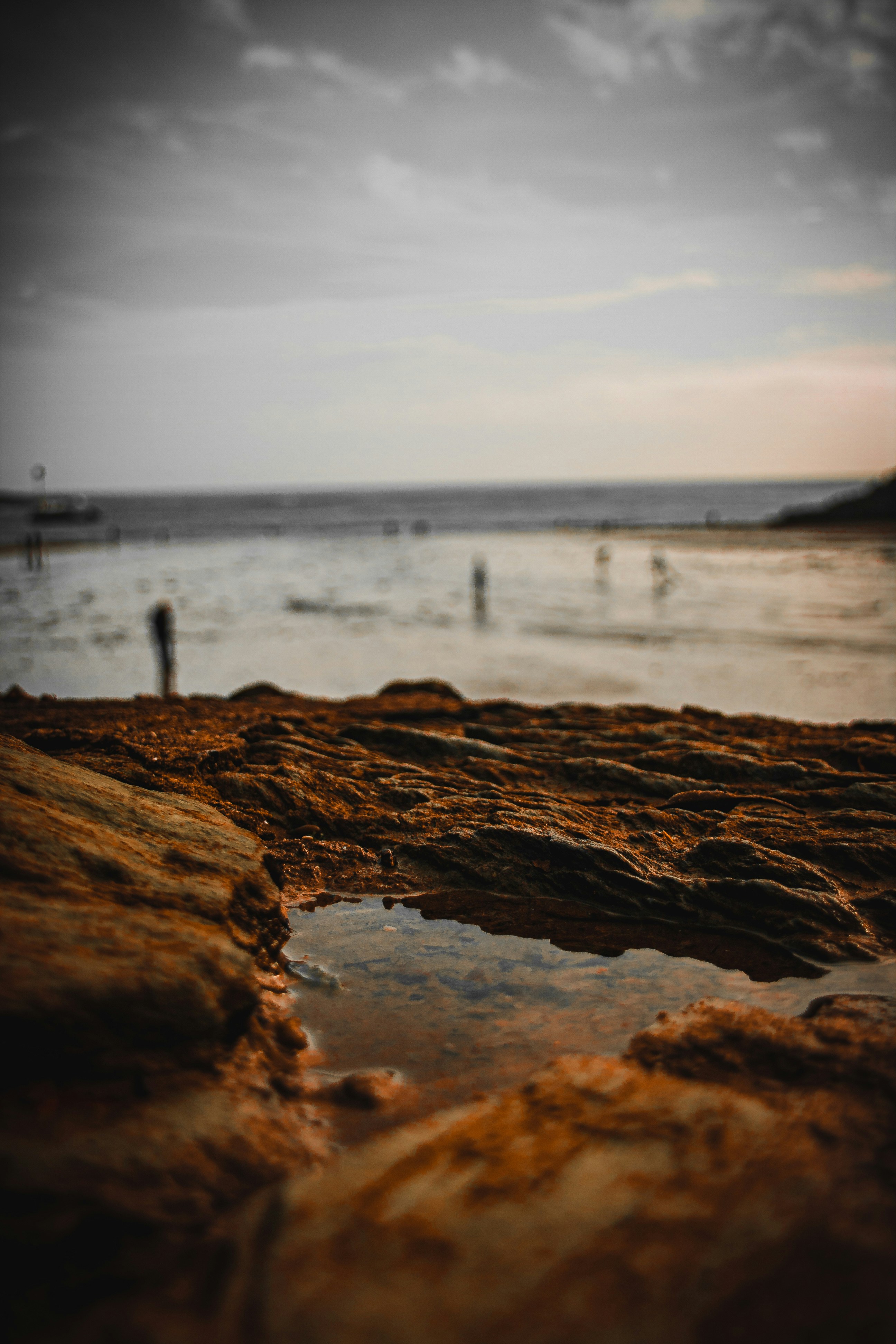Amber Tide at the Edge: Rock Pools Framing a Quiet Coastal Horizon