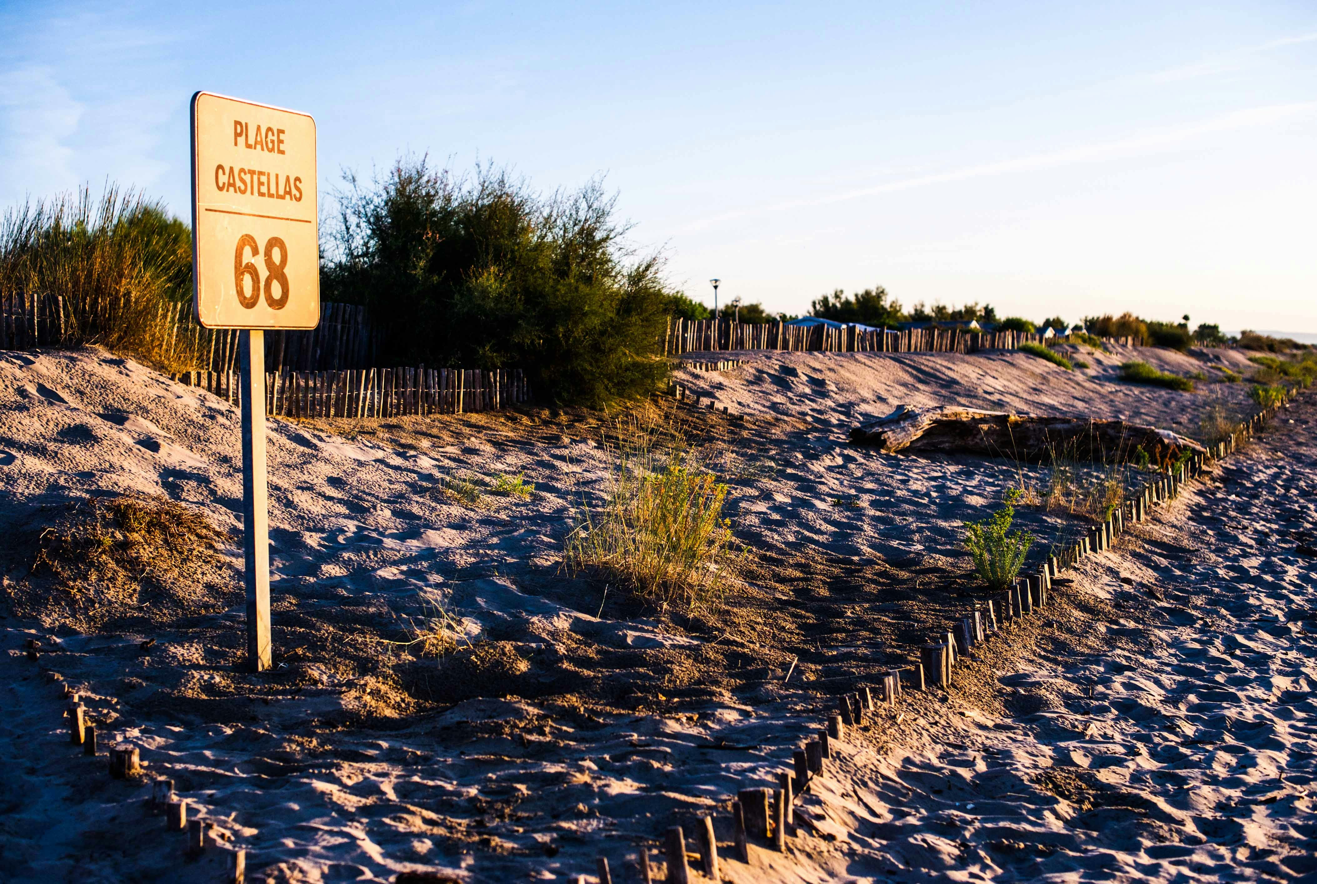 Sandy path to the dune fence: a coastal sign guides the way