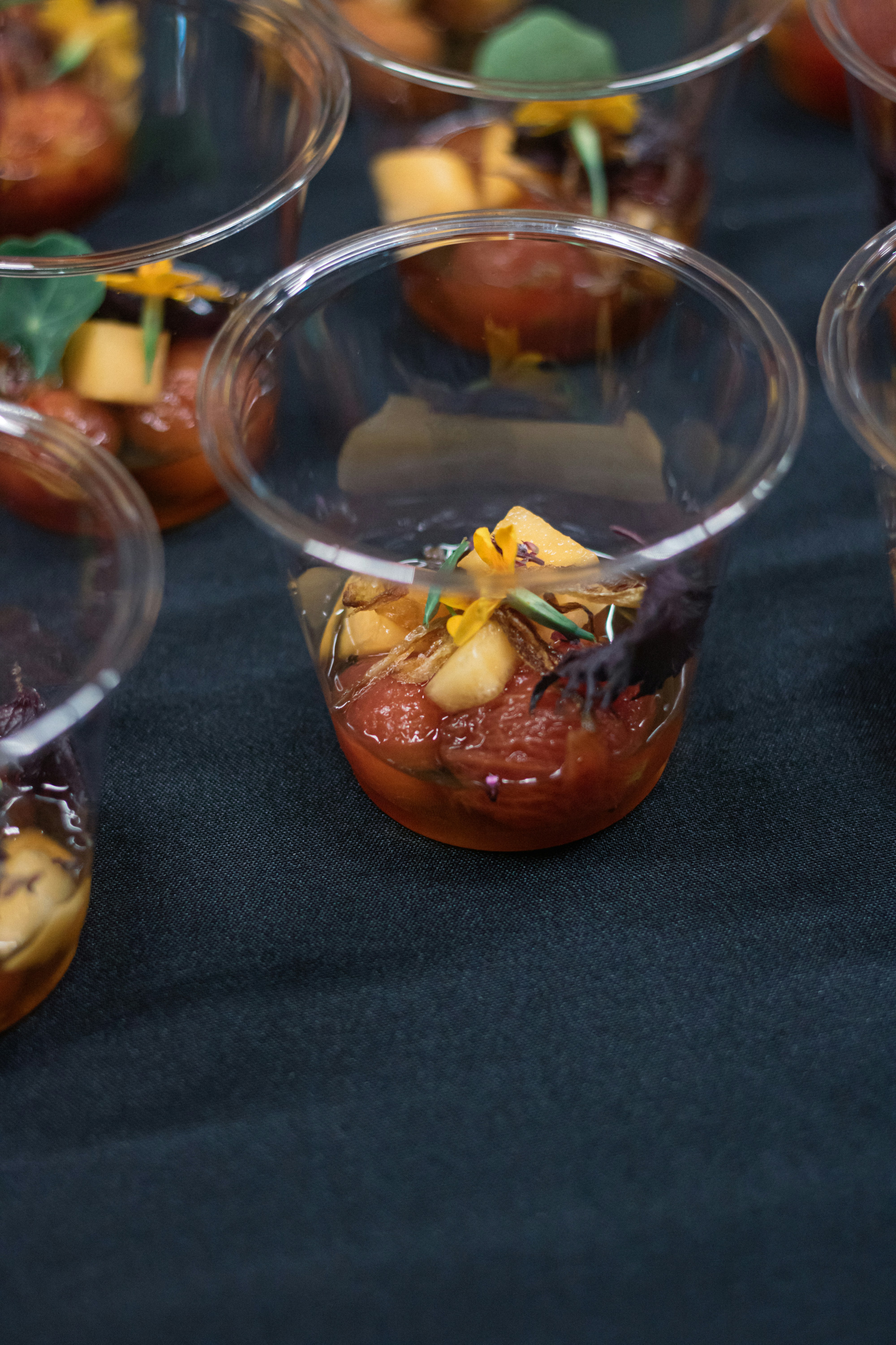 Mini Dessert Cups: Red Fruit Purée with Mango Dice and Edible Flowers