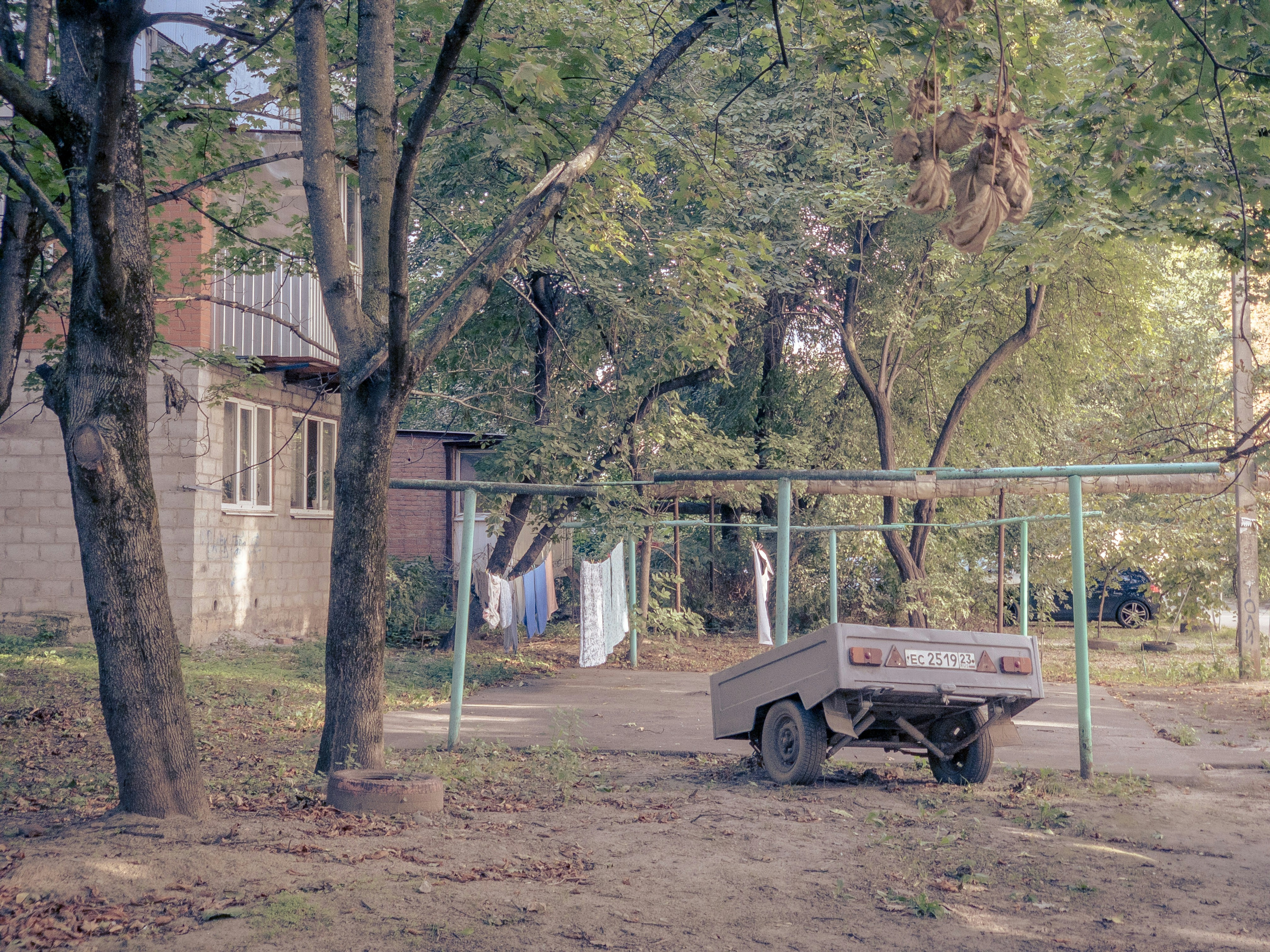 a trailer parked outside a house
