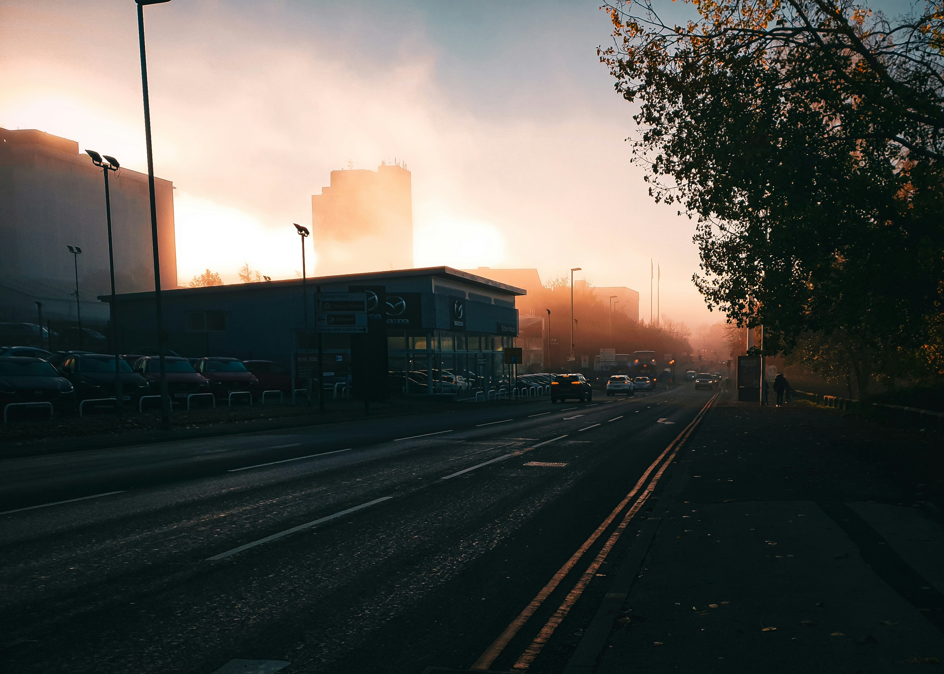 Industrial street haze at golden hour