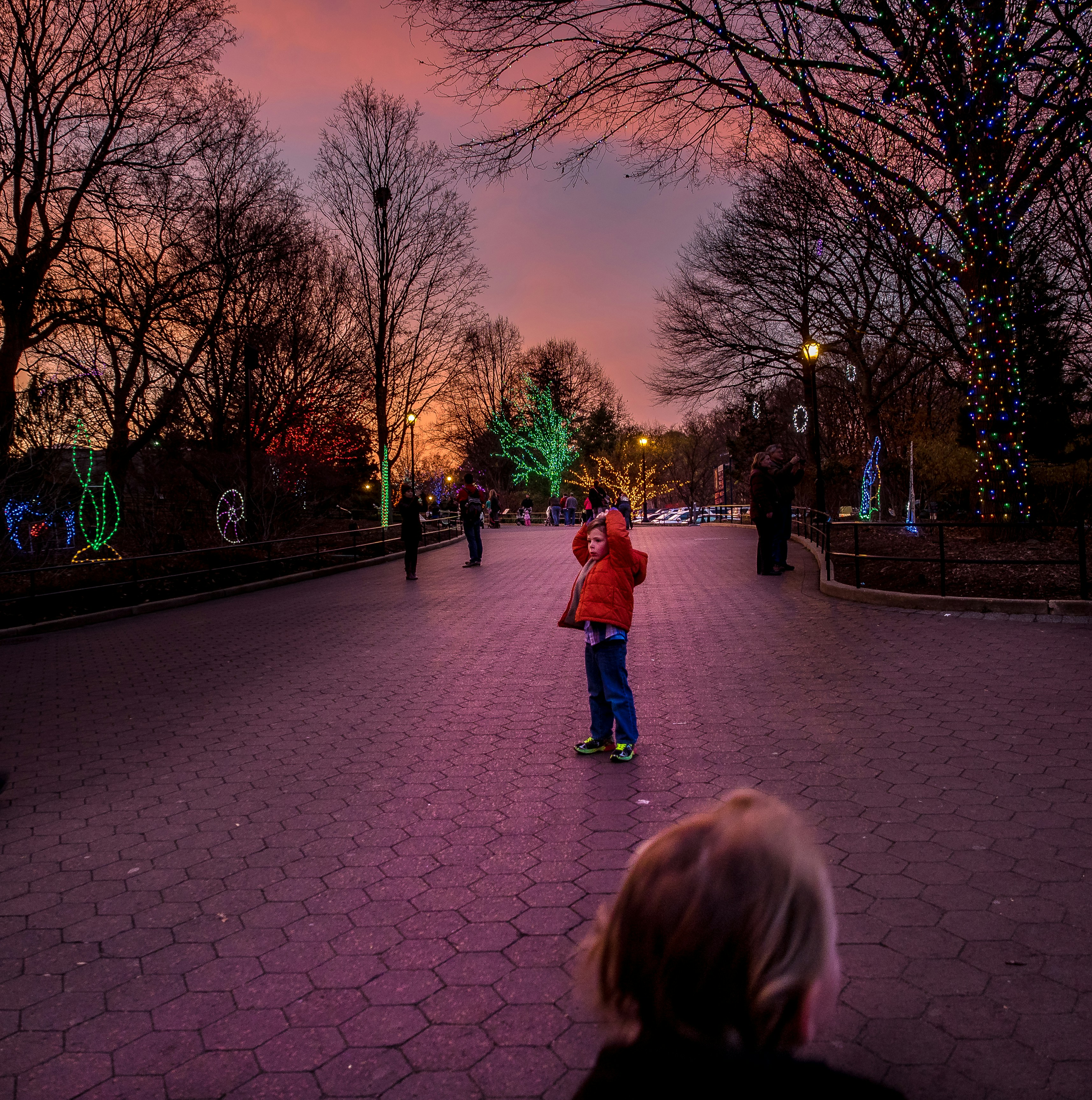 Twilight Parade: A Child's Silhouette Under Neon Trees
