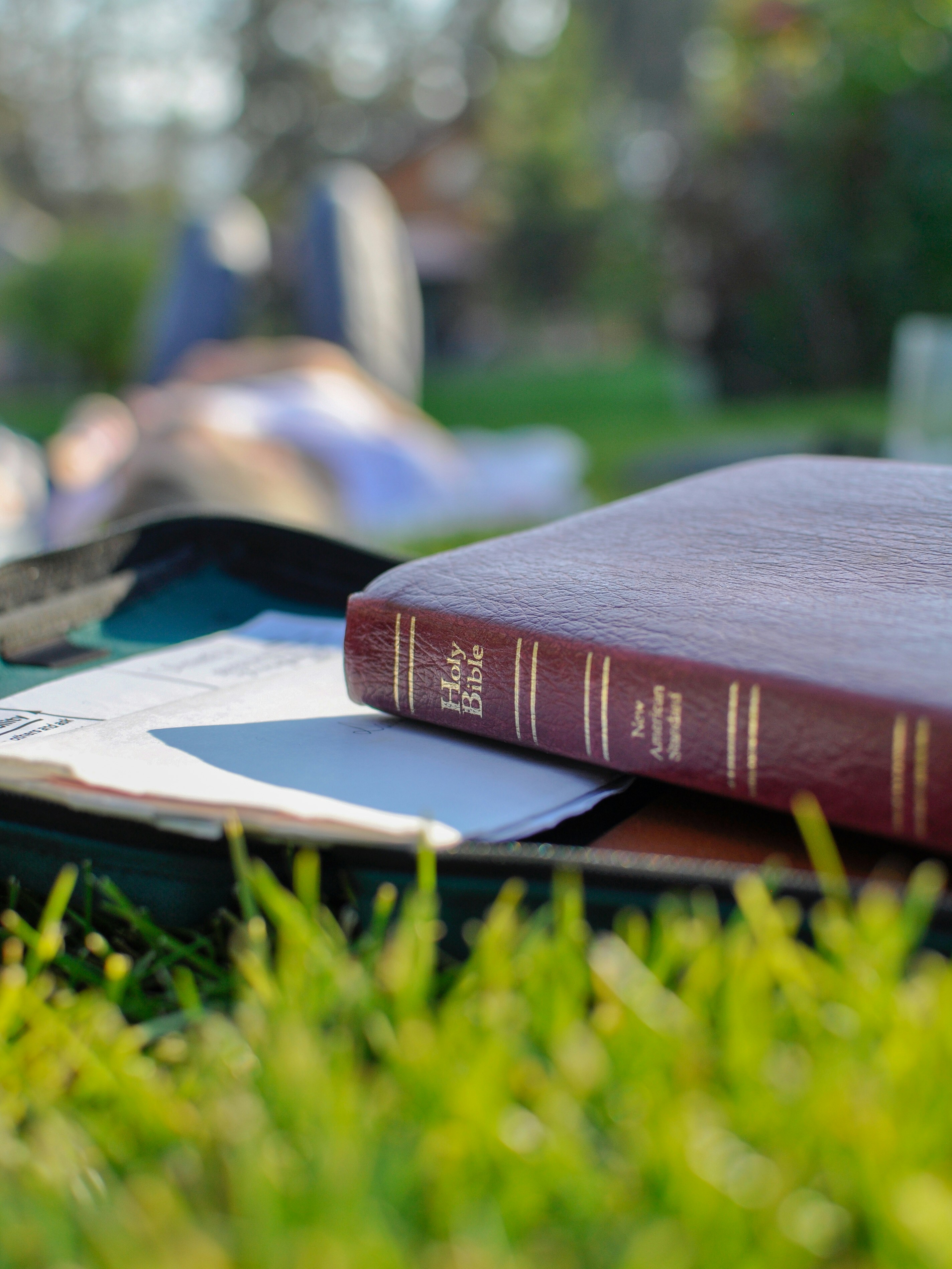 Leather Bible at a Lawn Picnic: A Quiet Moment of Texture and Light