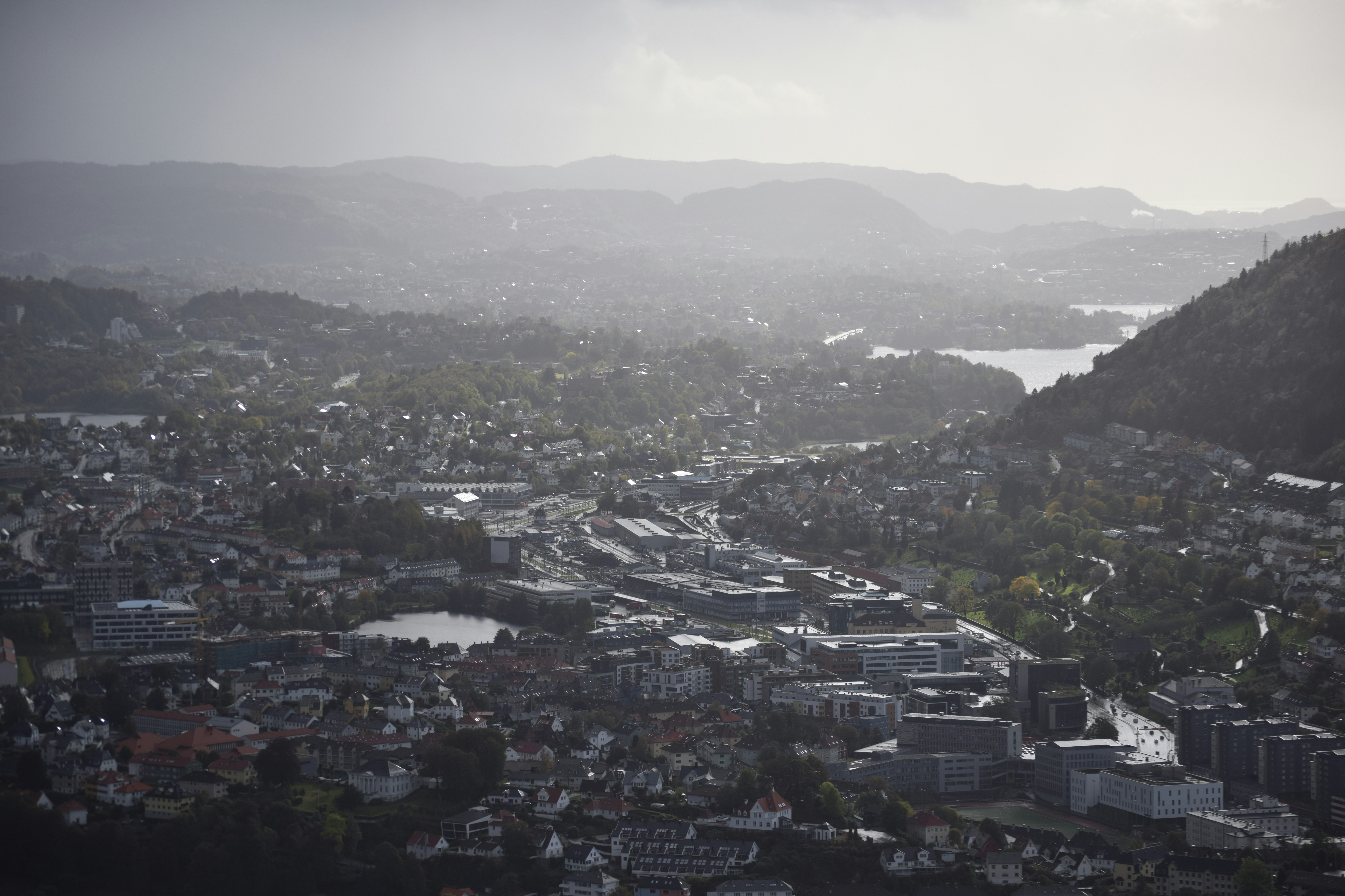 Monochrome Valley Cityscape: Rivers, Hills, and Gridwork