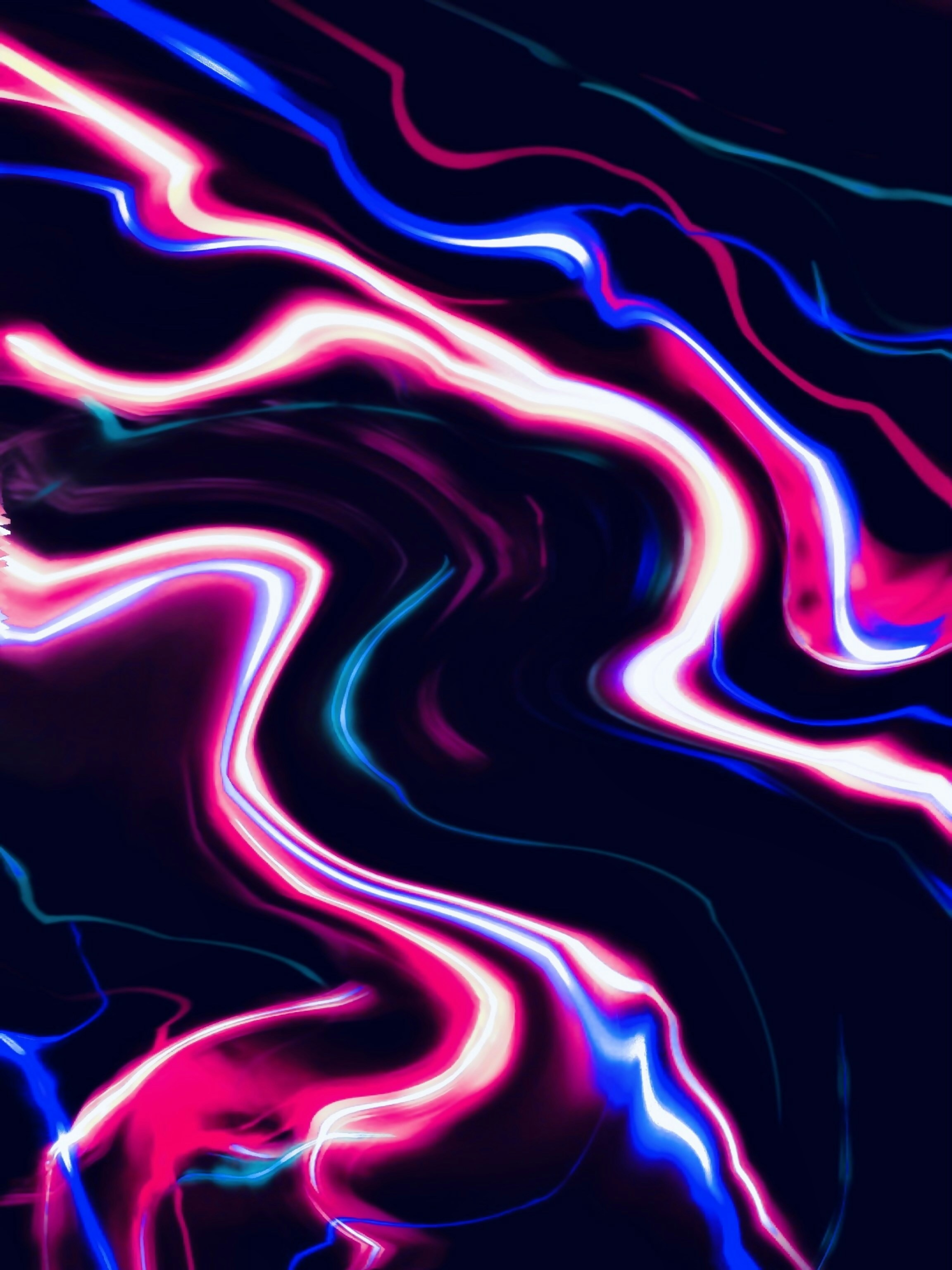 Vibrant abstract design featuring swirling neon lines in pink, blue, and white against a dark background.