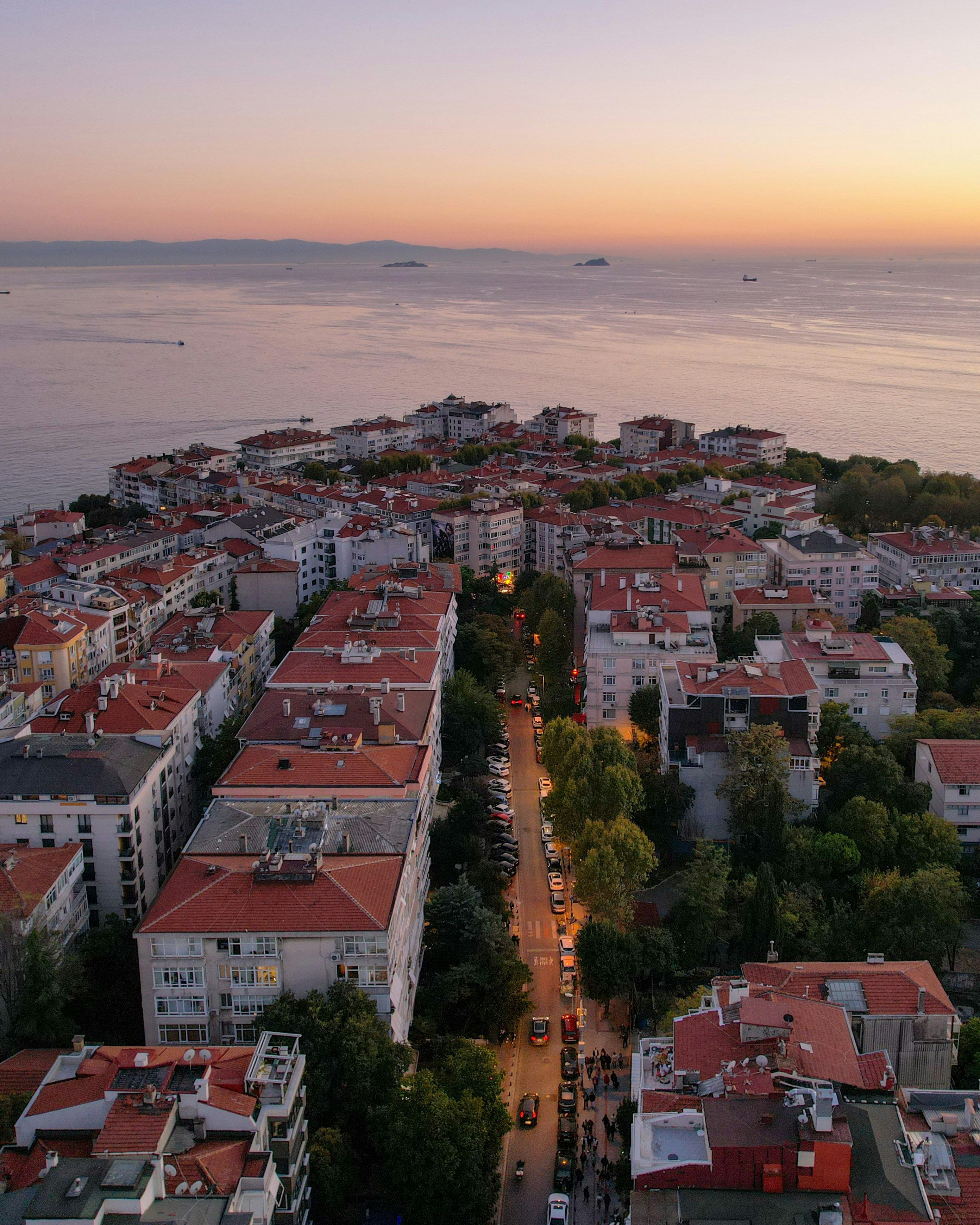 Aerial view of a residential neighborhood with red-tiled roofs transitioning into the calm waters of the sea at dusk.