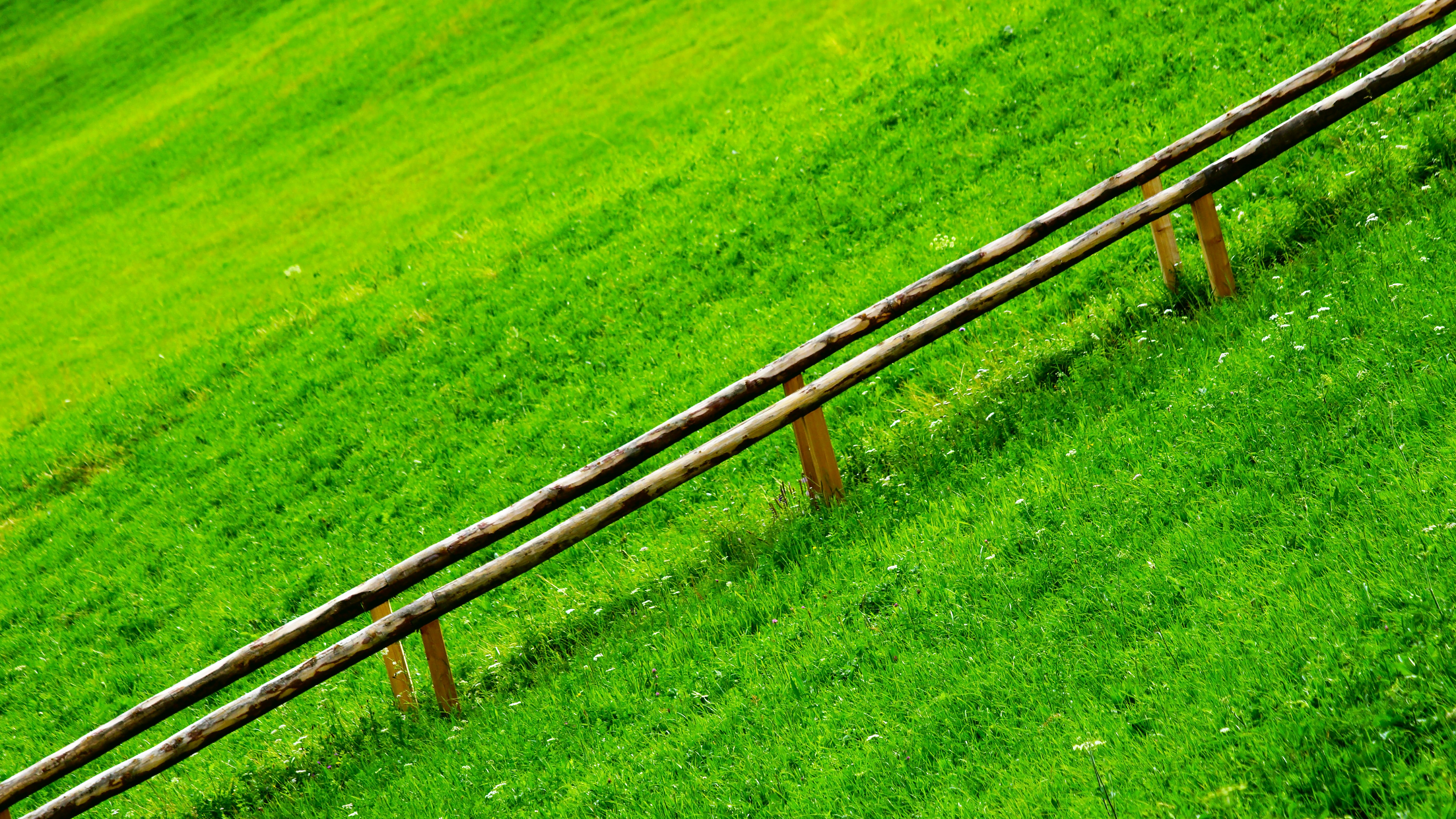 Sloped Green Meadow and Parallel Rails