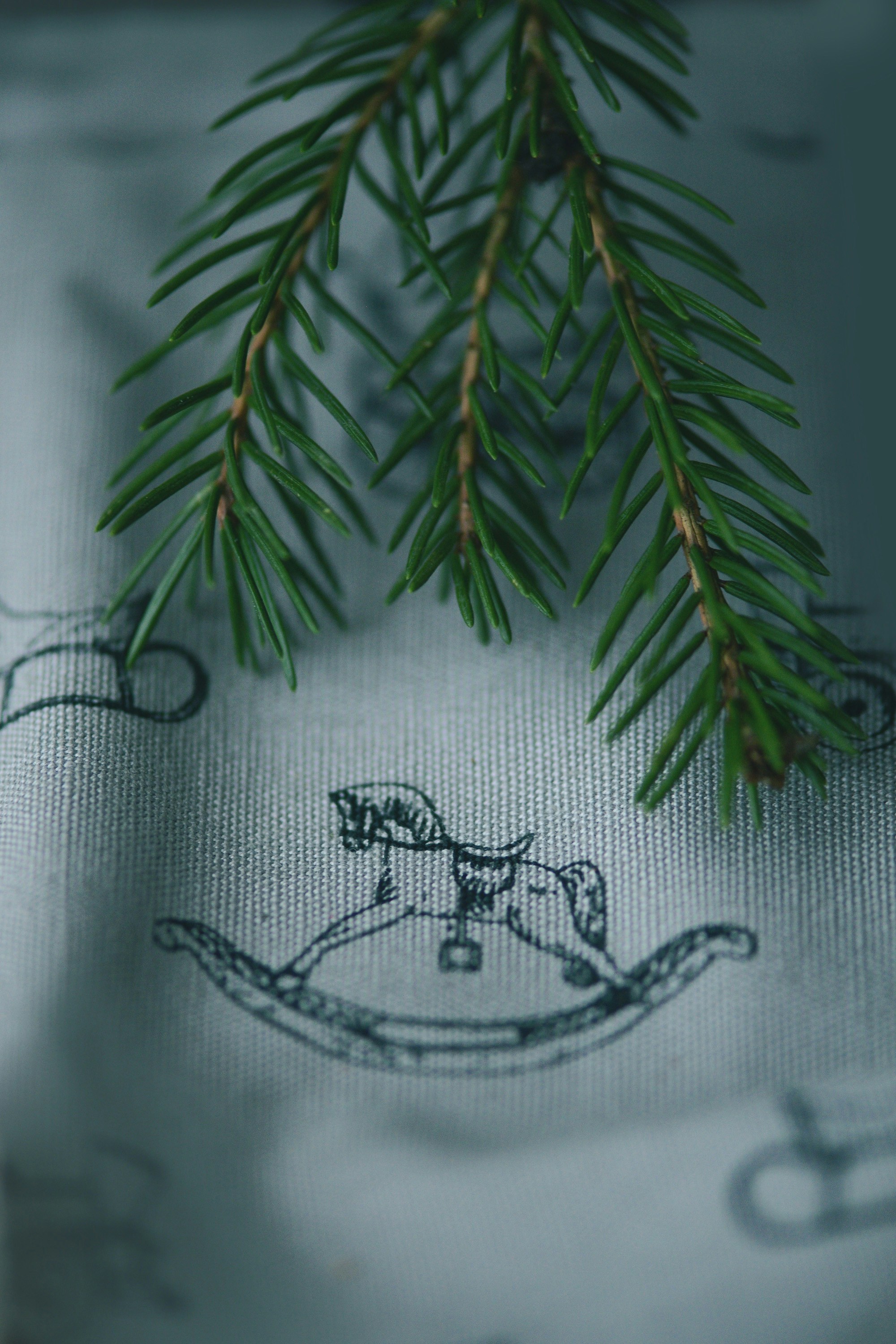 Needles and Crest: A Close-Up of Green Fronds Over Monogrammed Linen