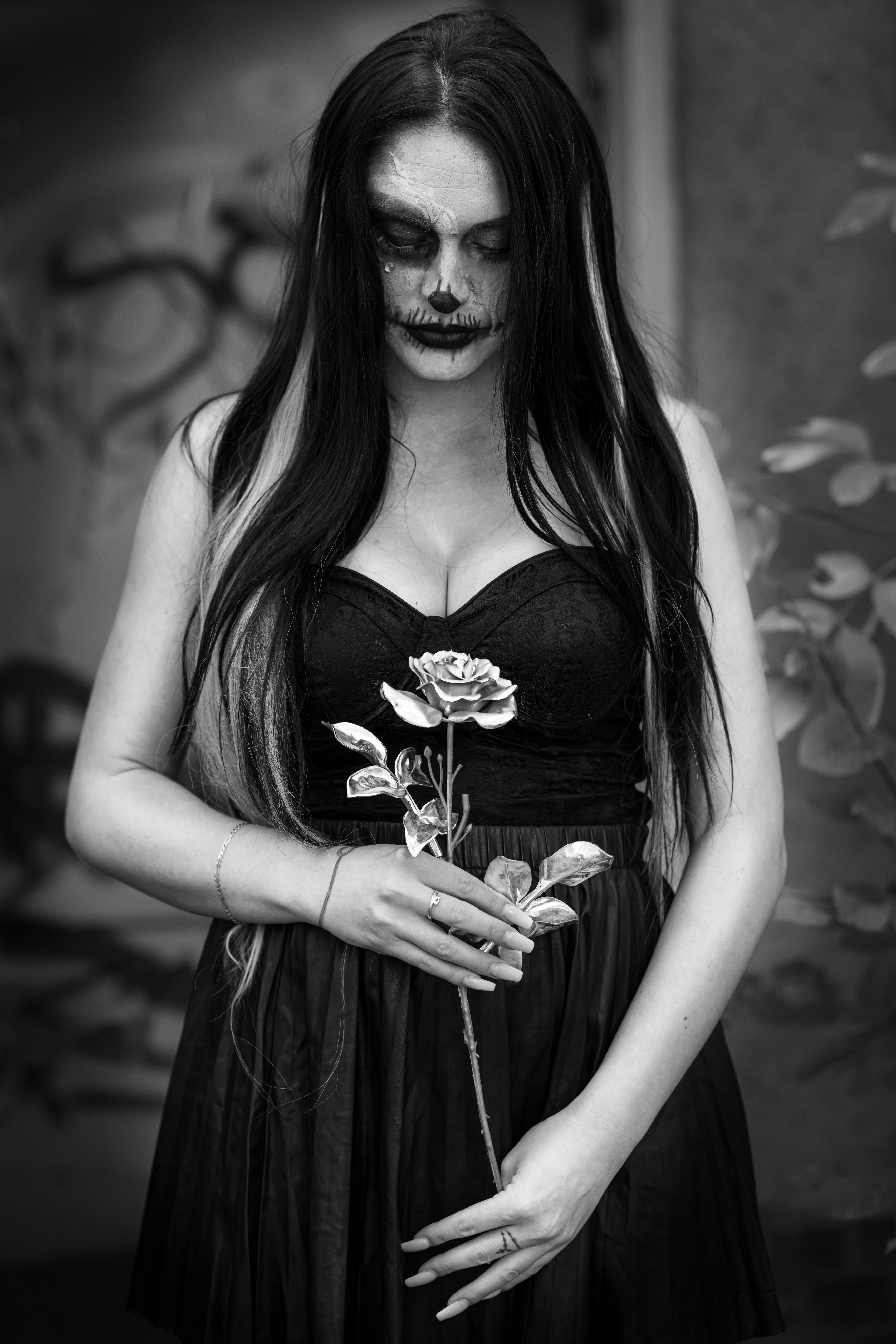 Midnight Bloom: A Ghostly Gaze with a Rose