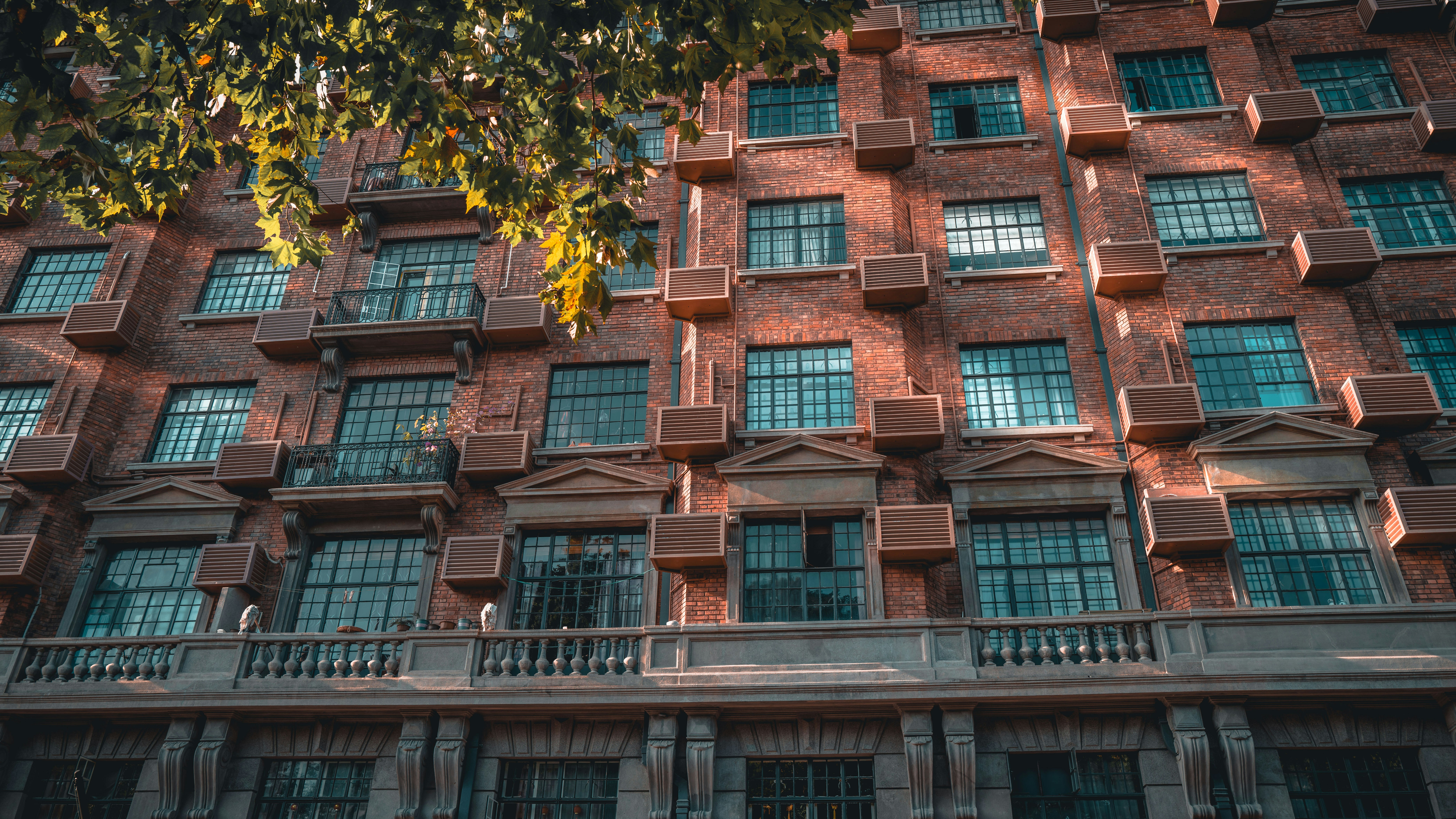 Brick Facade Grid: A Neatly Recessed Symmetry Under Dappled Shade
