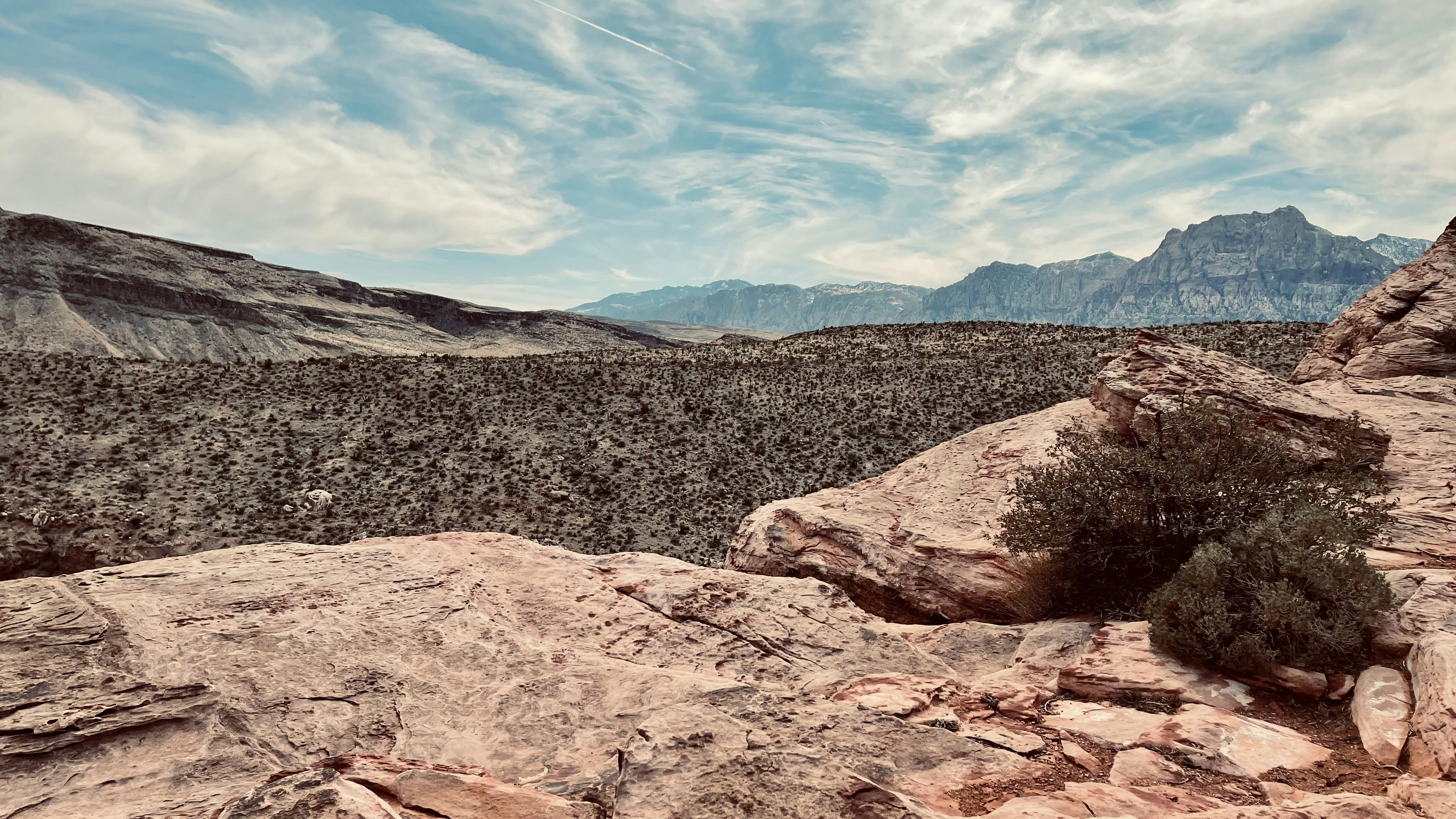 Desert Sentinel: Weathered Rocks Embrace the Distant Range