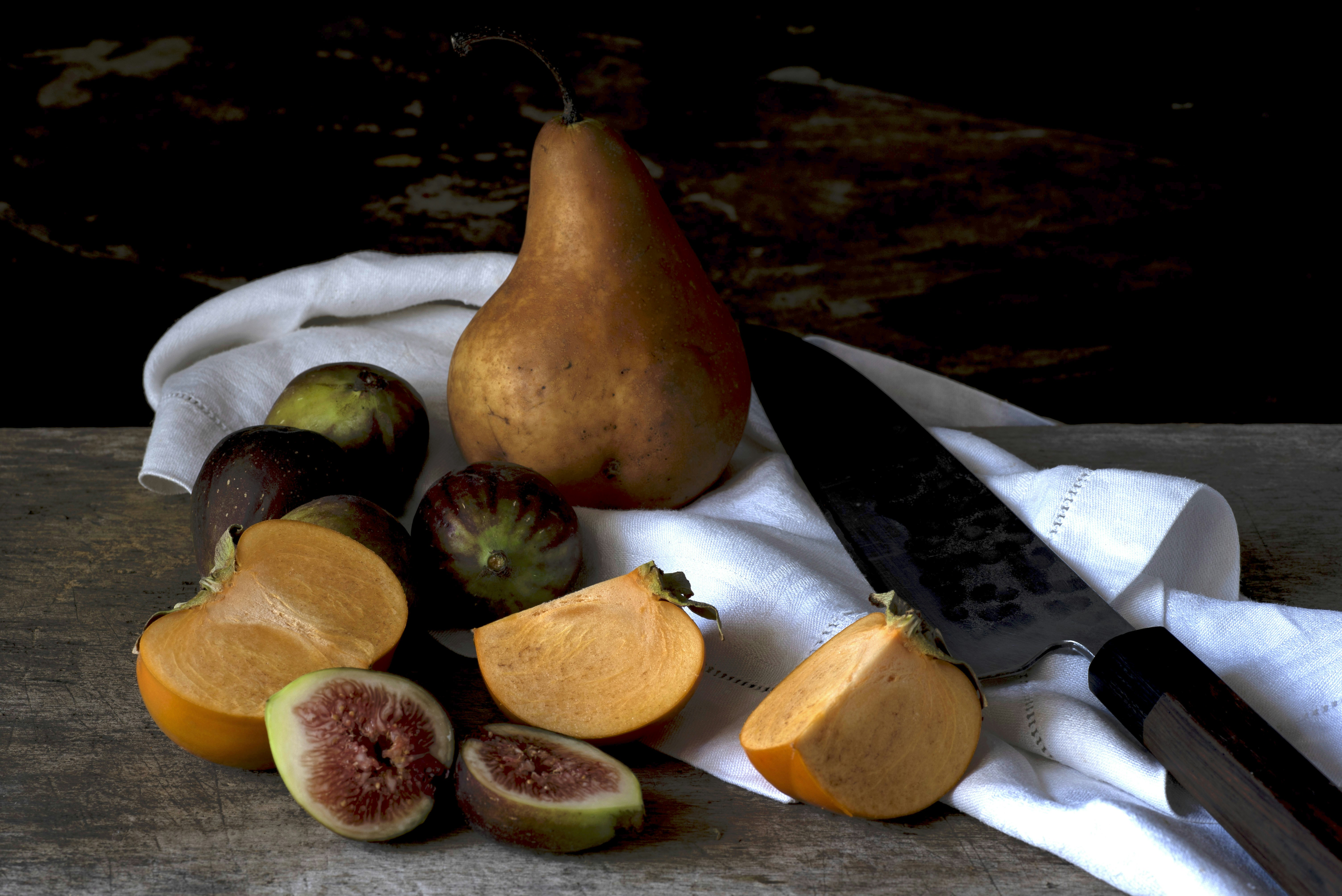 Midnight Orchard: Pear, Halved Figs, and the Silent Knife