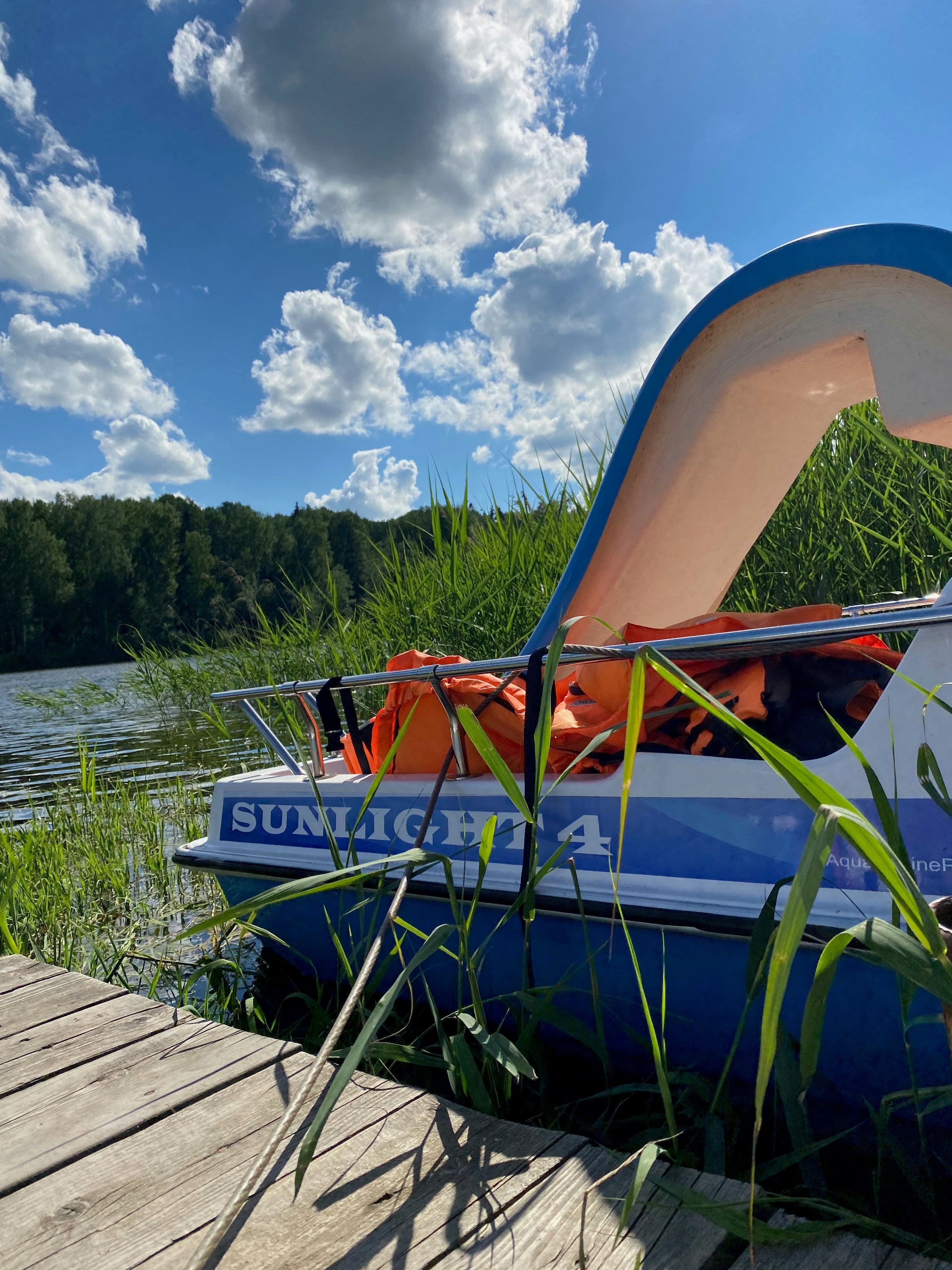 Blue-Trim Boat at a Reeds-Lined Lakeside Dock Under Puffy Clouds